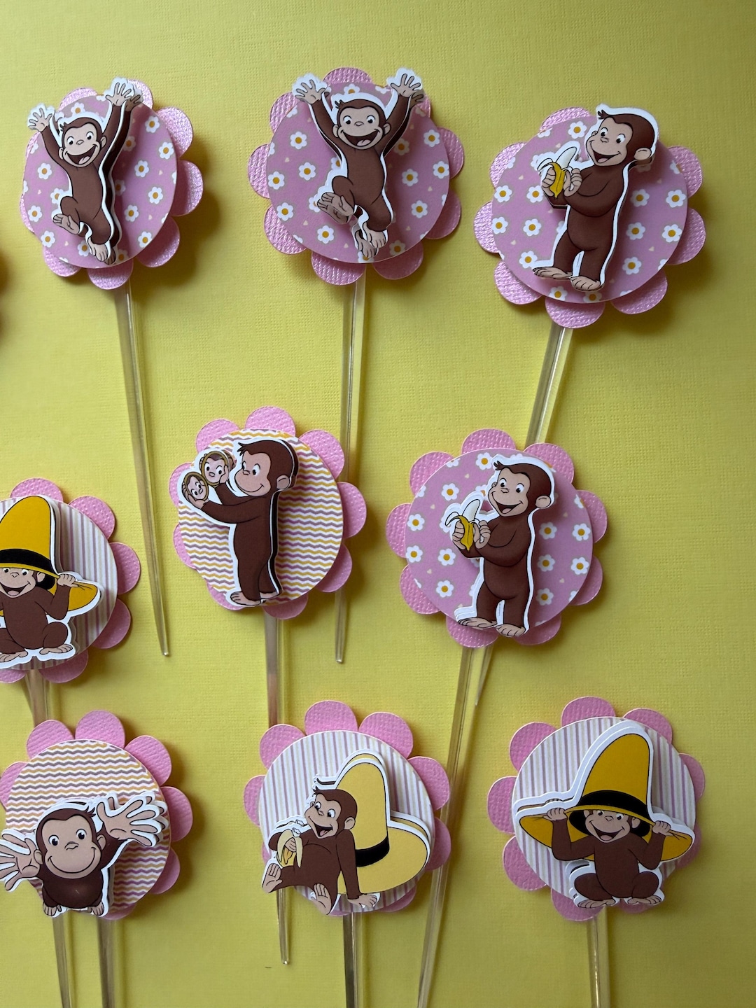 Curious George Cupcake Toppers - Pink Birthday Party Decor, Set of 12 ...
