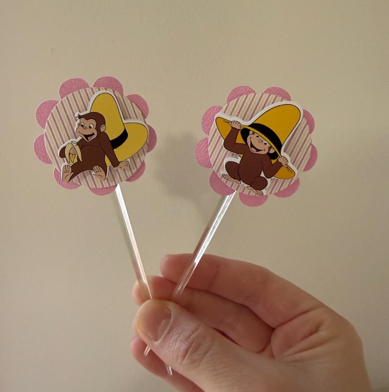 Curious George Cupcake Toppers - Pink Birthday Party Decor, Set of 12 ...