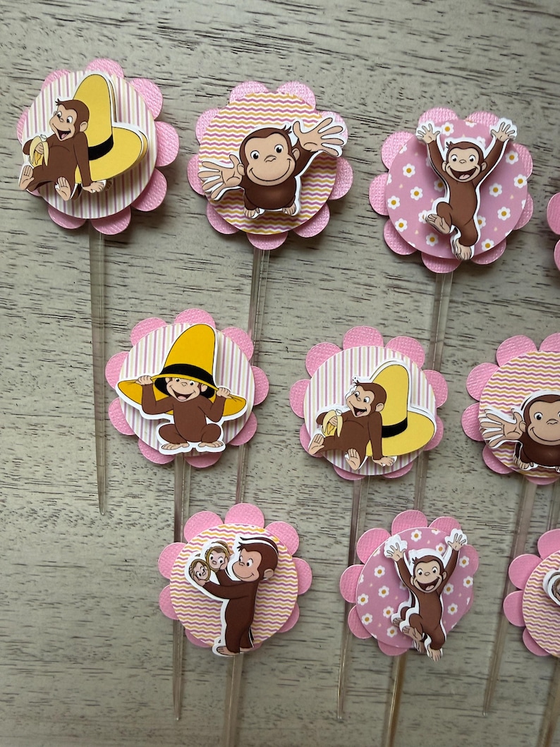 Curious George Cupcake Toppers - Pink Birthday Party Decor, Set of 12 ...