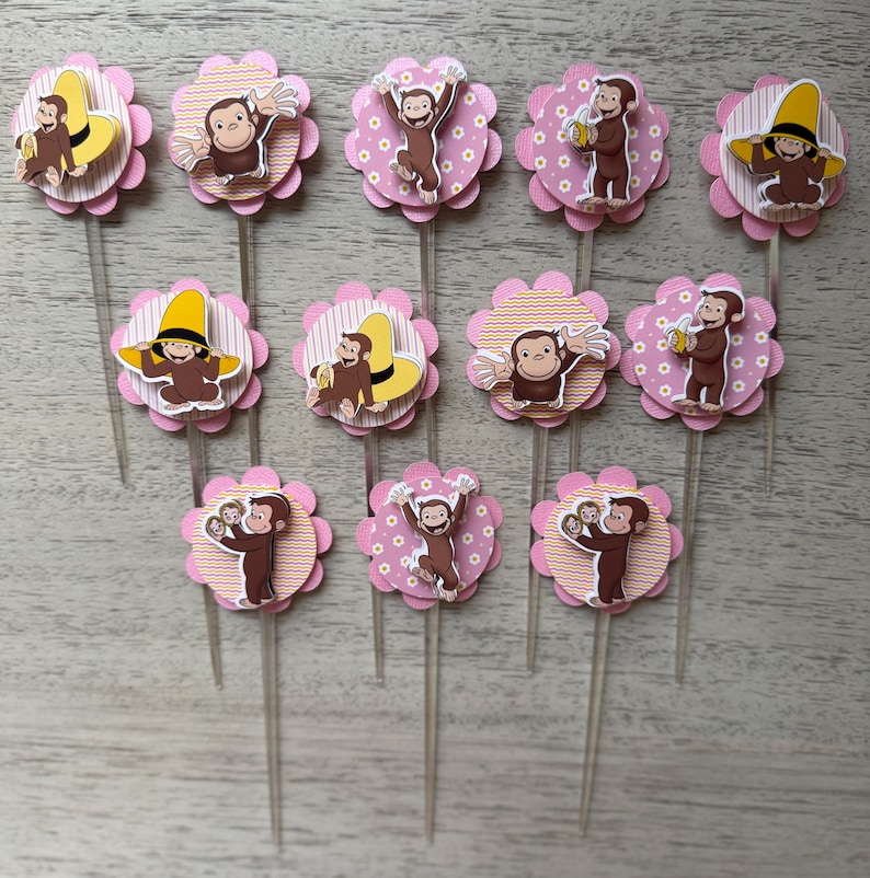 Curious George Cupcake Toppers - Pink Birthday Party Decor, Set of 12 ...
