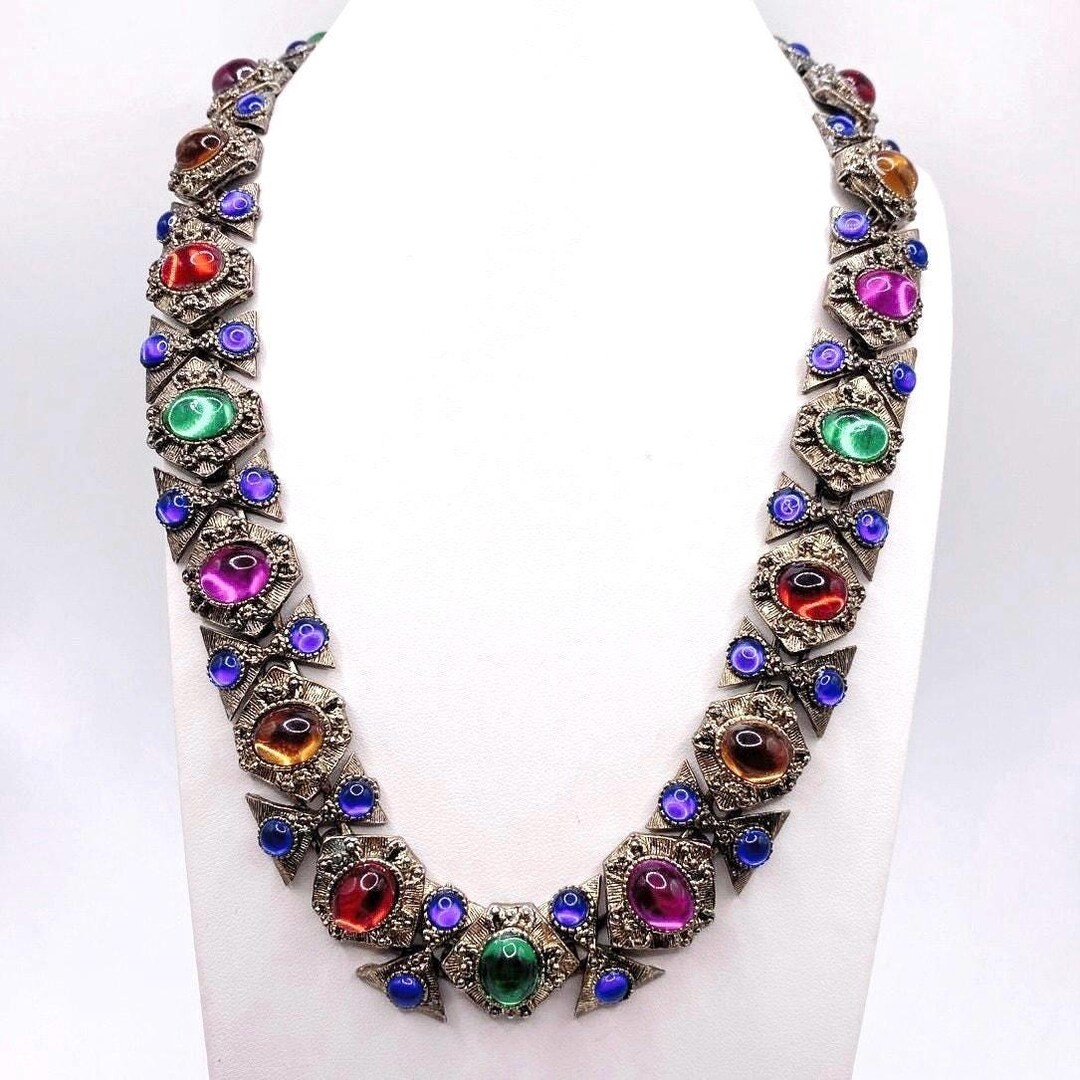 Vintage Etruscan Revival Necklace Multicolor Molded Glass Cabochon ...