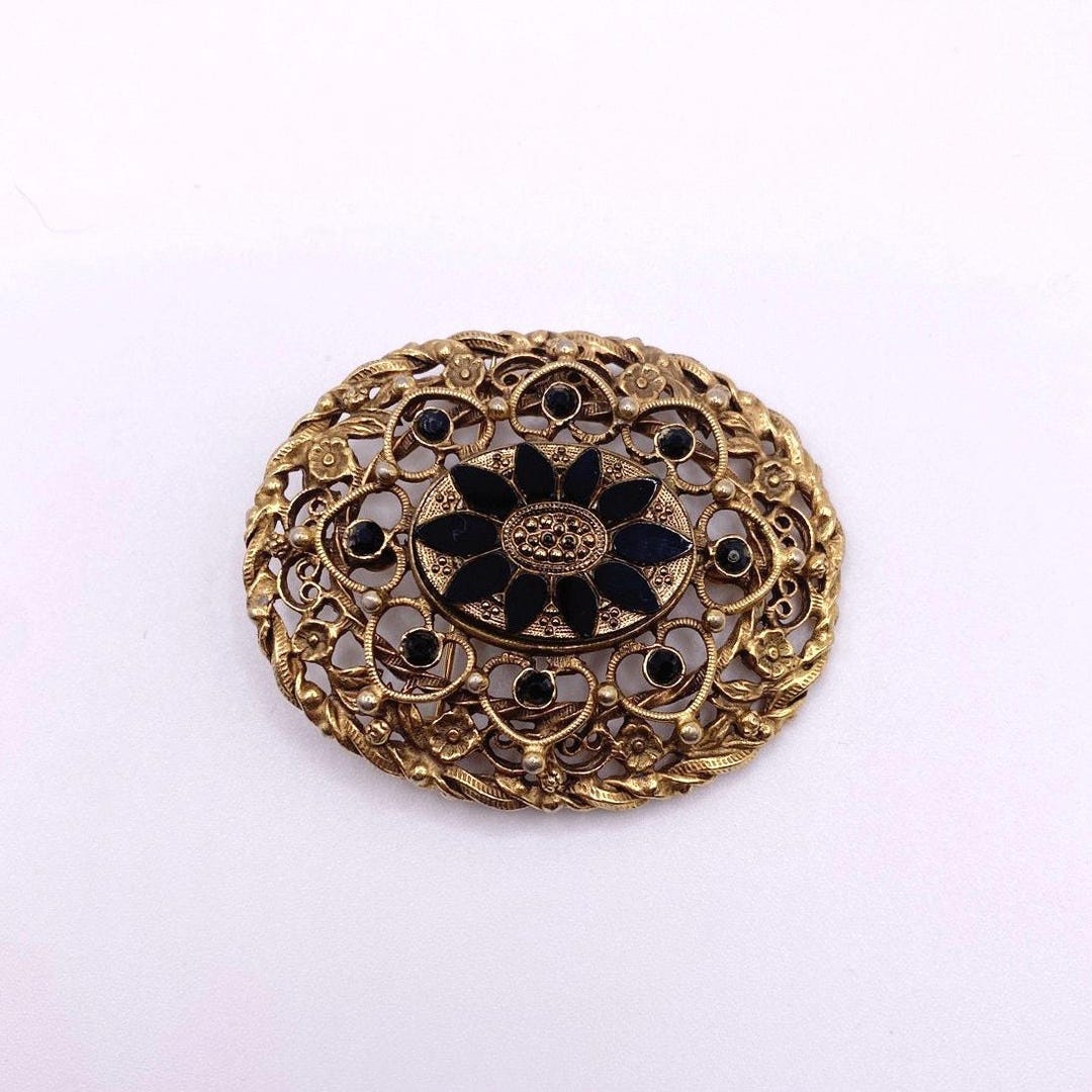 Vintage Large Brooch With Obsidian Stone Floral Design Gold Tone ...