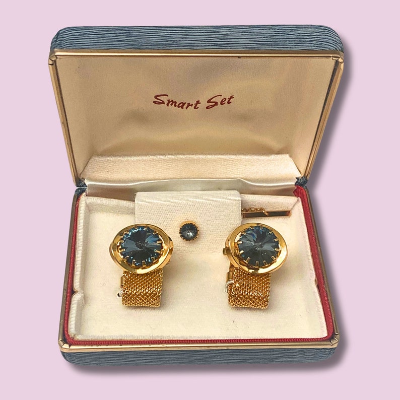 Smart Set-golden and Blue Cufflinks and Tie Tack Set on Original Box - Etsy