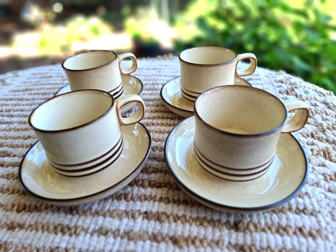 Denby England Tea Cups & Saucers, Sahara Pattern, Flat Bottom Mugs ...