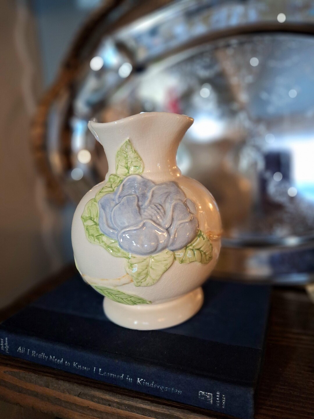 Classic Signed Numbered Vase, Ivory W Light Blue Flowers & Green Vine ...