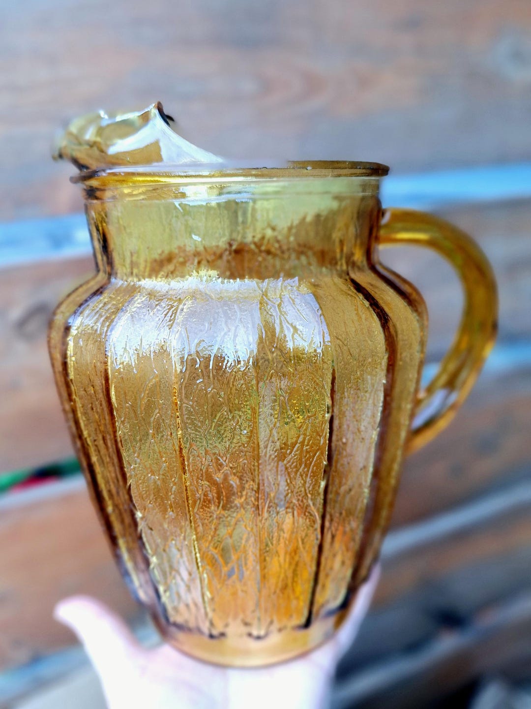 Vintage Glowy Amber Glass Pitcher, Warm Tones, Pressed Glass Textured ...