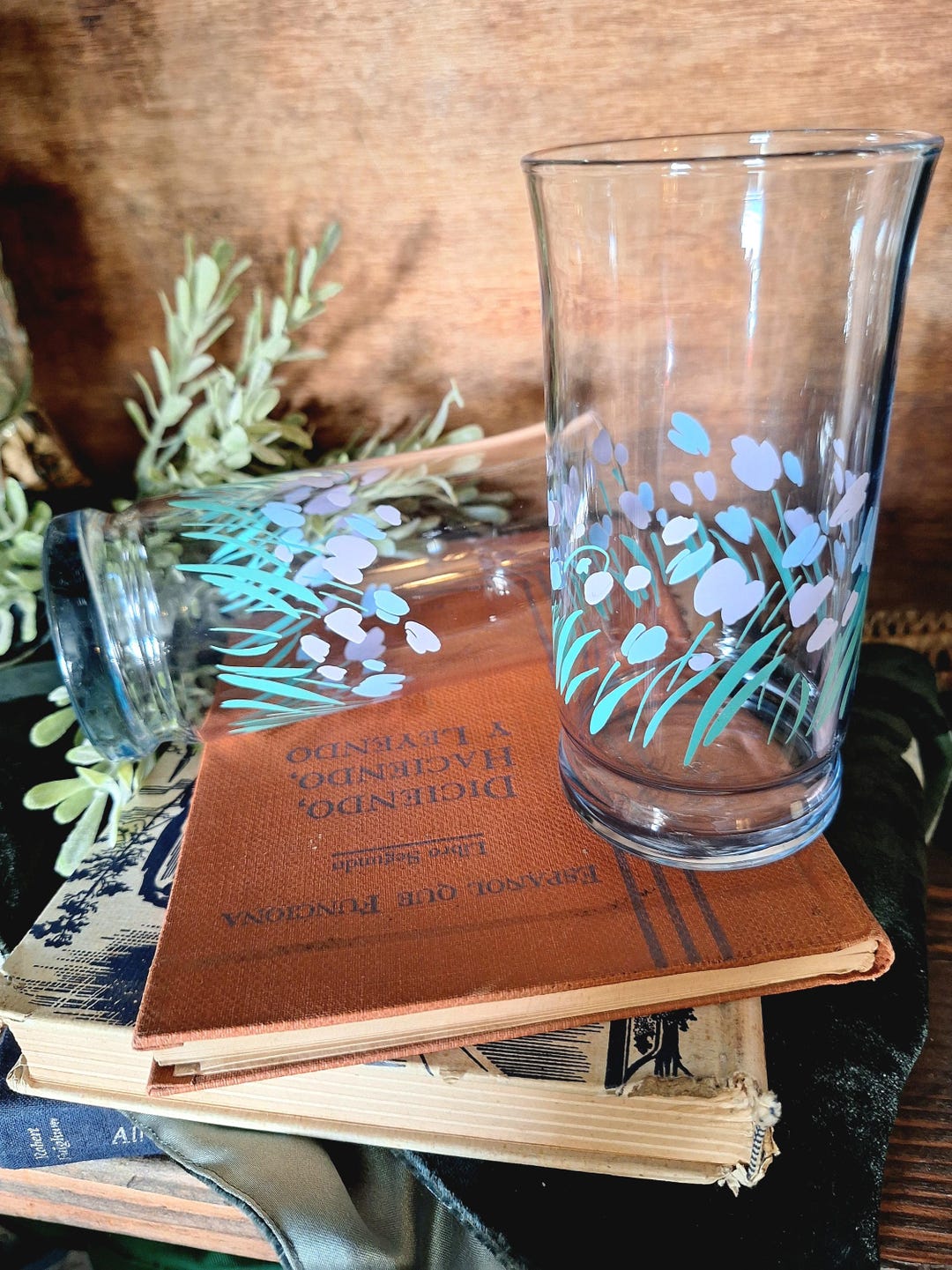 Pair of Libbey Collette Spring Tulip Flower Glasses Purple Teal Blue ...