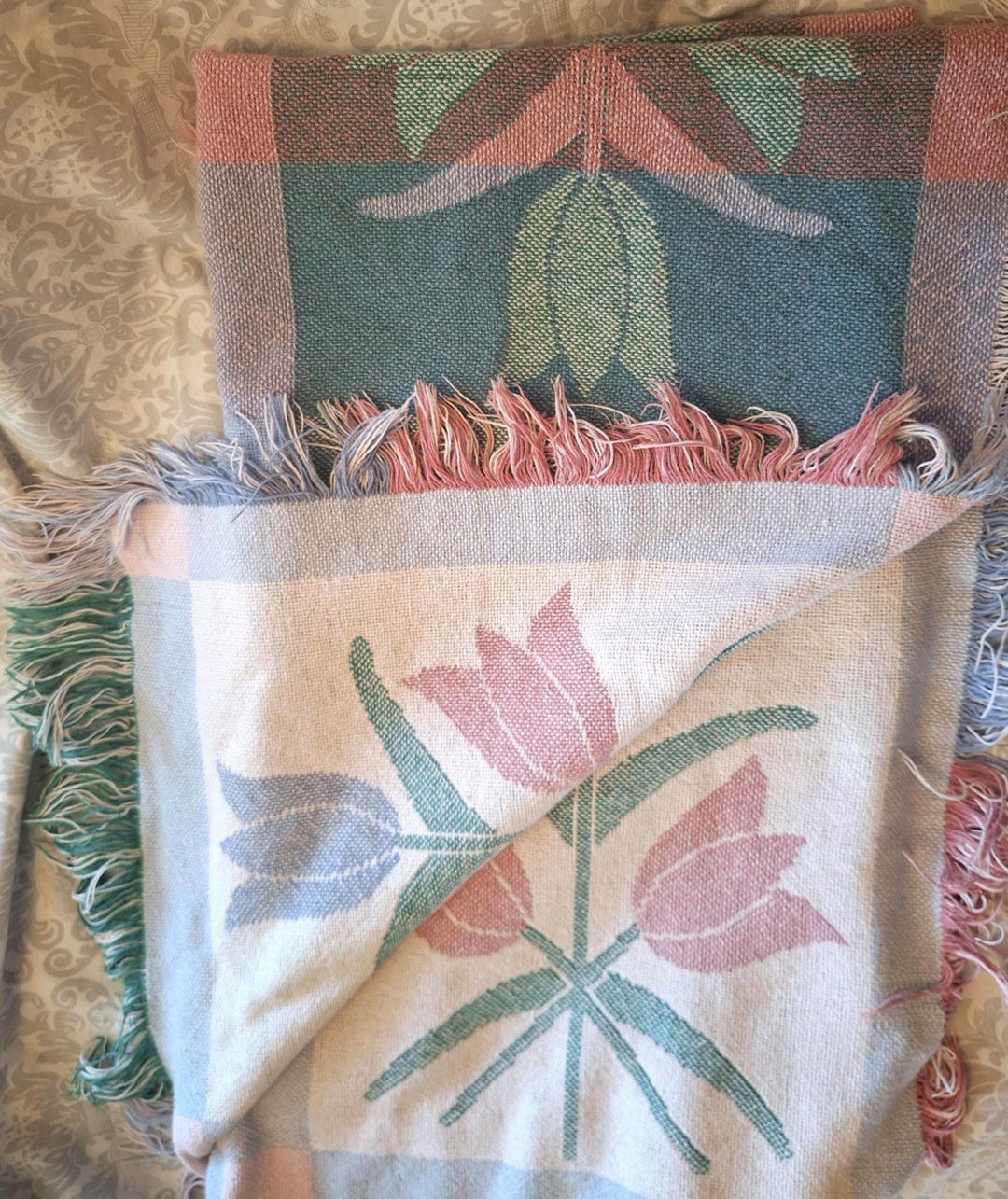 Pastel Woven Cotton Throw, Fringe, Tulips Floral, Cottage Core, Pink ...