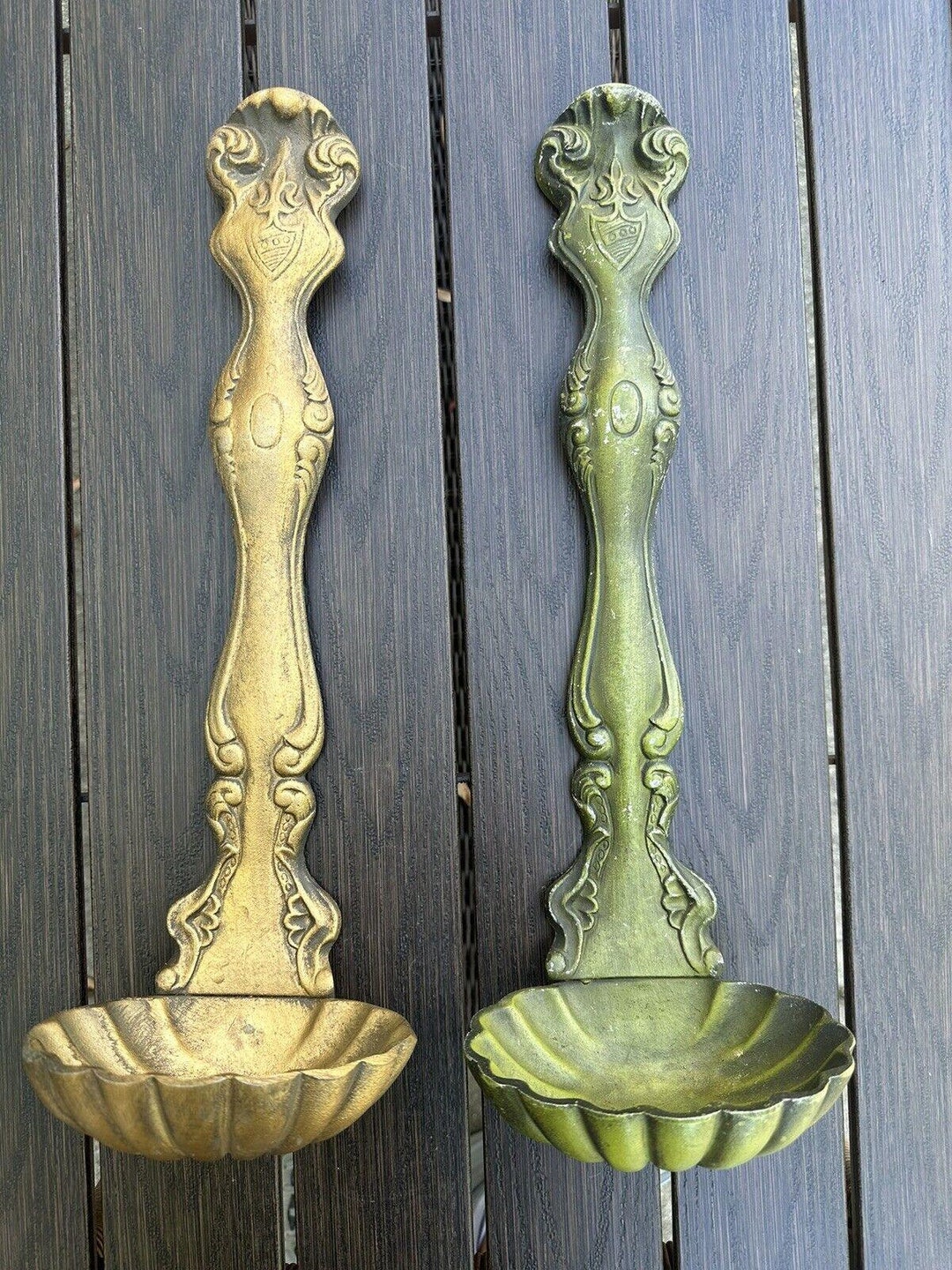 Vintage 70's Cast Metal Green and Gold Ornate Wall Spoon Ladles Decor ...