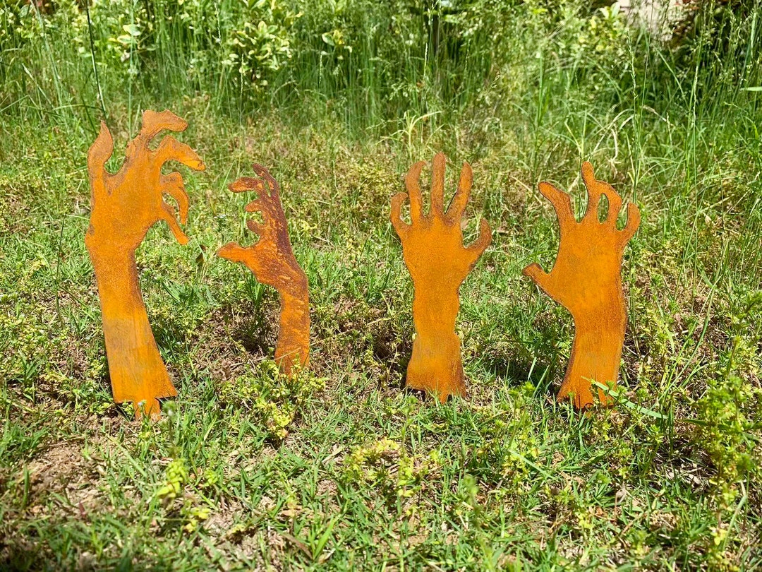 Halloween Rustic Metal Severed Hand Stakes Set of 4. Unique Rusted Iron ...