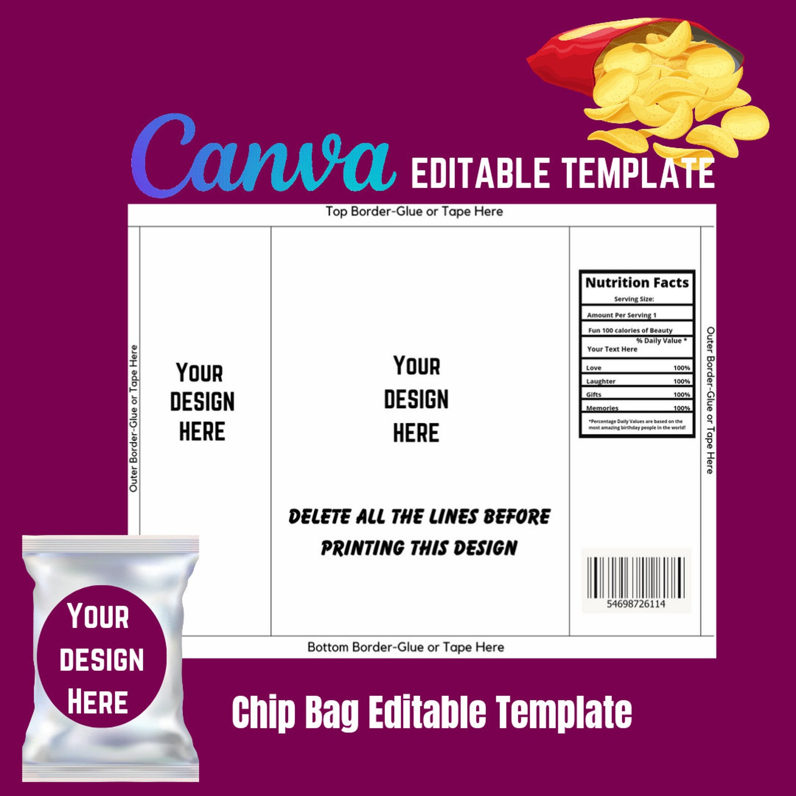 Chip Bag Template|blank Chip Bag Template| Chip Bag Template Canva ...