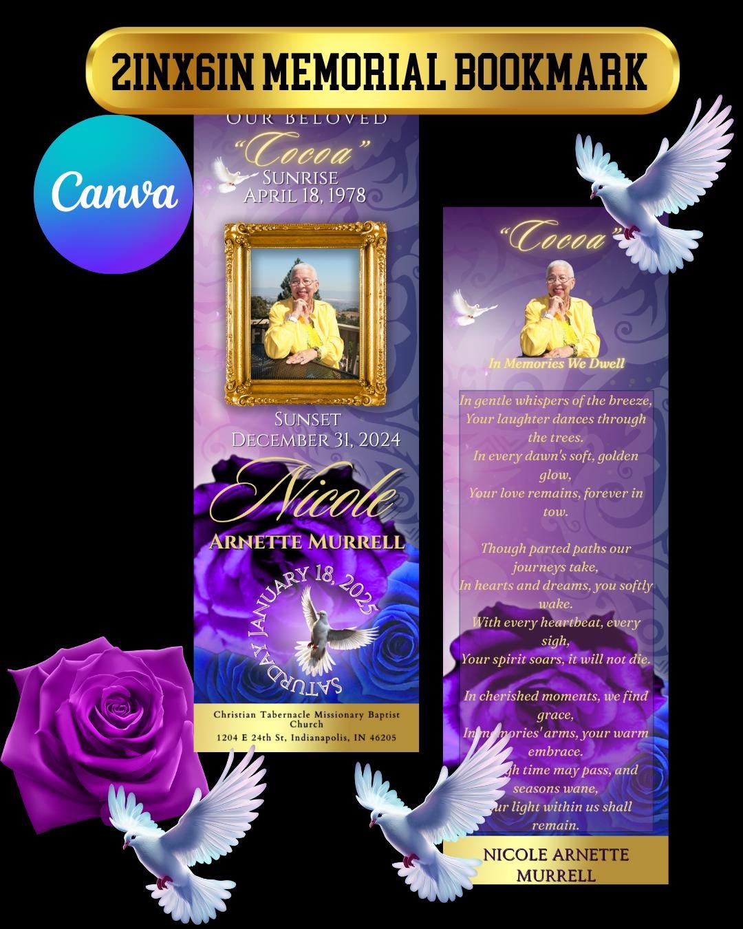 Memorial Bookmark Template|editable Bookmark Printable|in Loving Memory ...