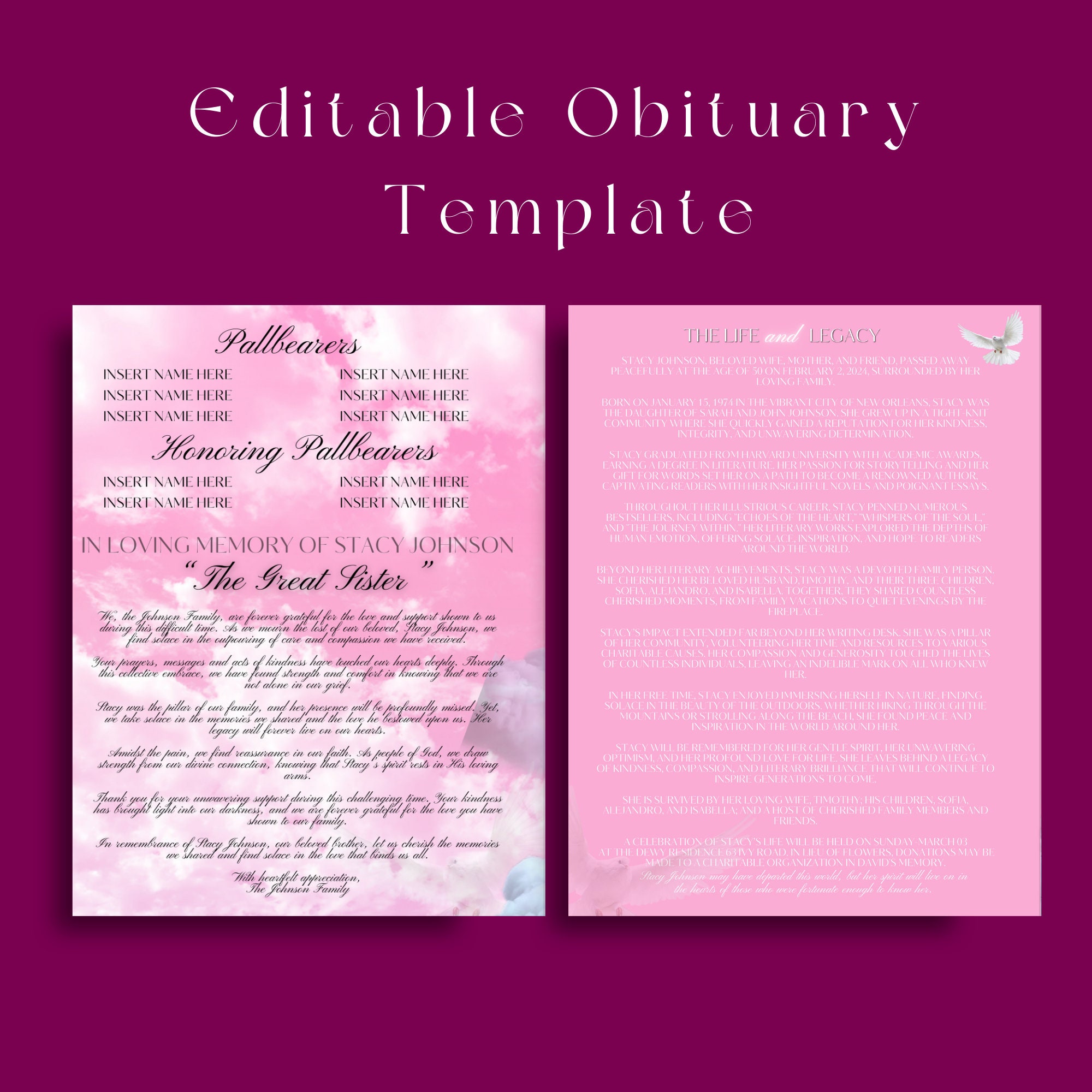 Funeral Program Template|editable Bi-fold Obituary Printable|in Loving ...