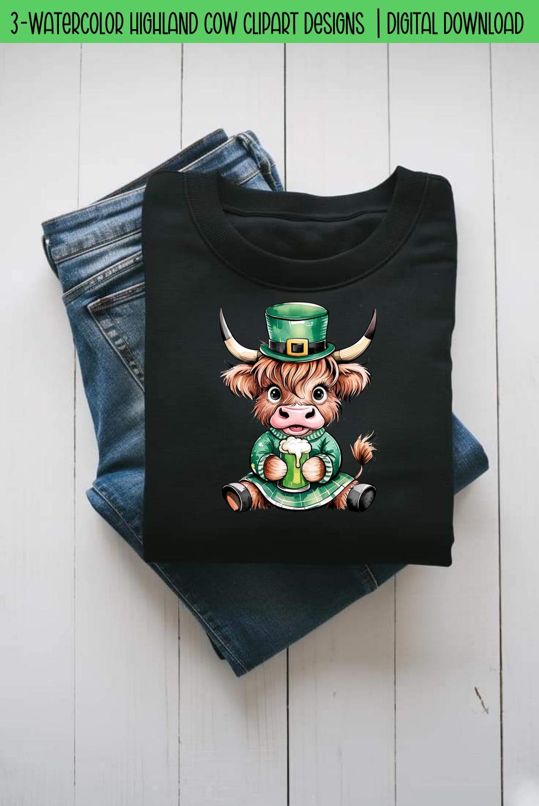 3-watercolor Highland Cows Clipart Designs Png|st. Patricks Day ...