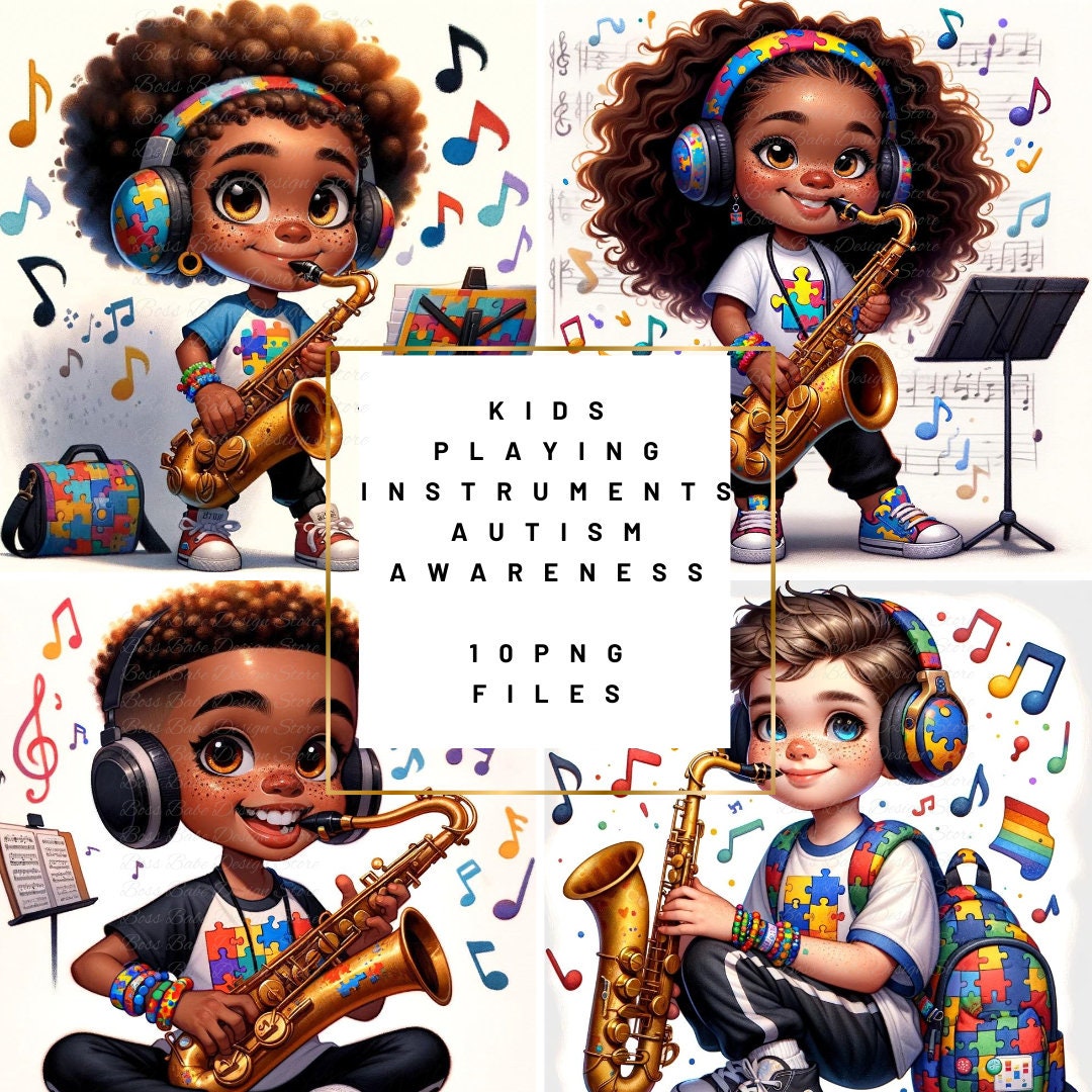 10 Autism Awareness Children PNG Design|children Playing Instrument ...