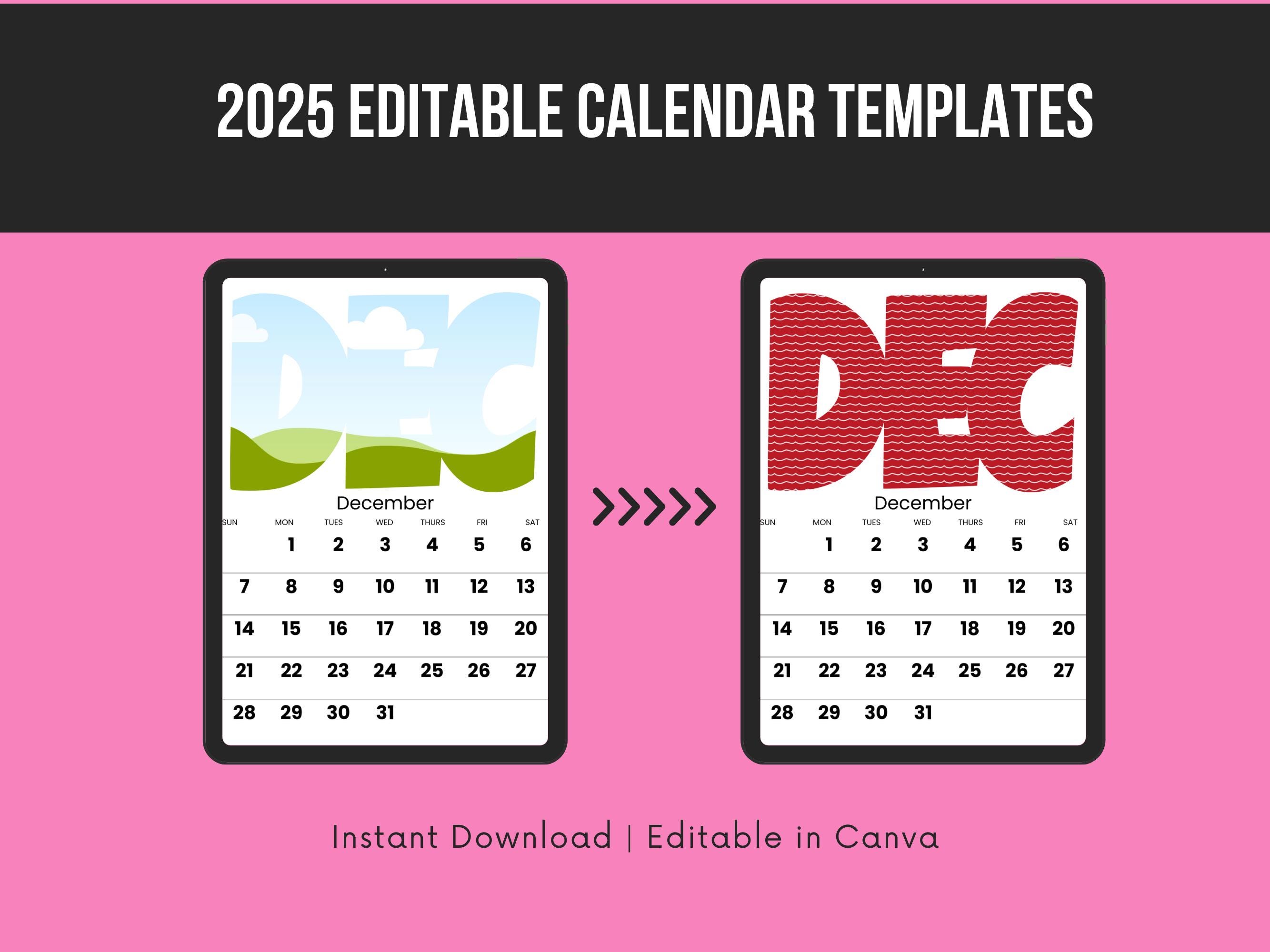 Editable 2025 Calendar Template|fully Editable in Canva|create ...