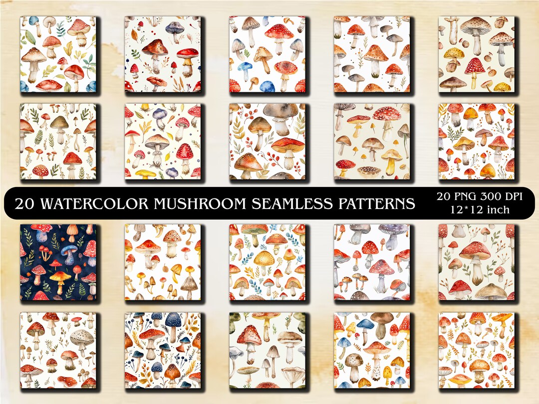 20 Watercolor Mushroom Seamless Pattern Pack unique Backgrounds, Ideal ...