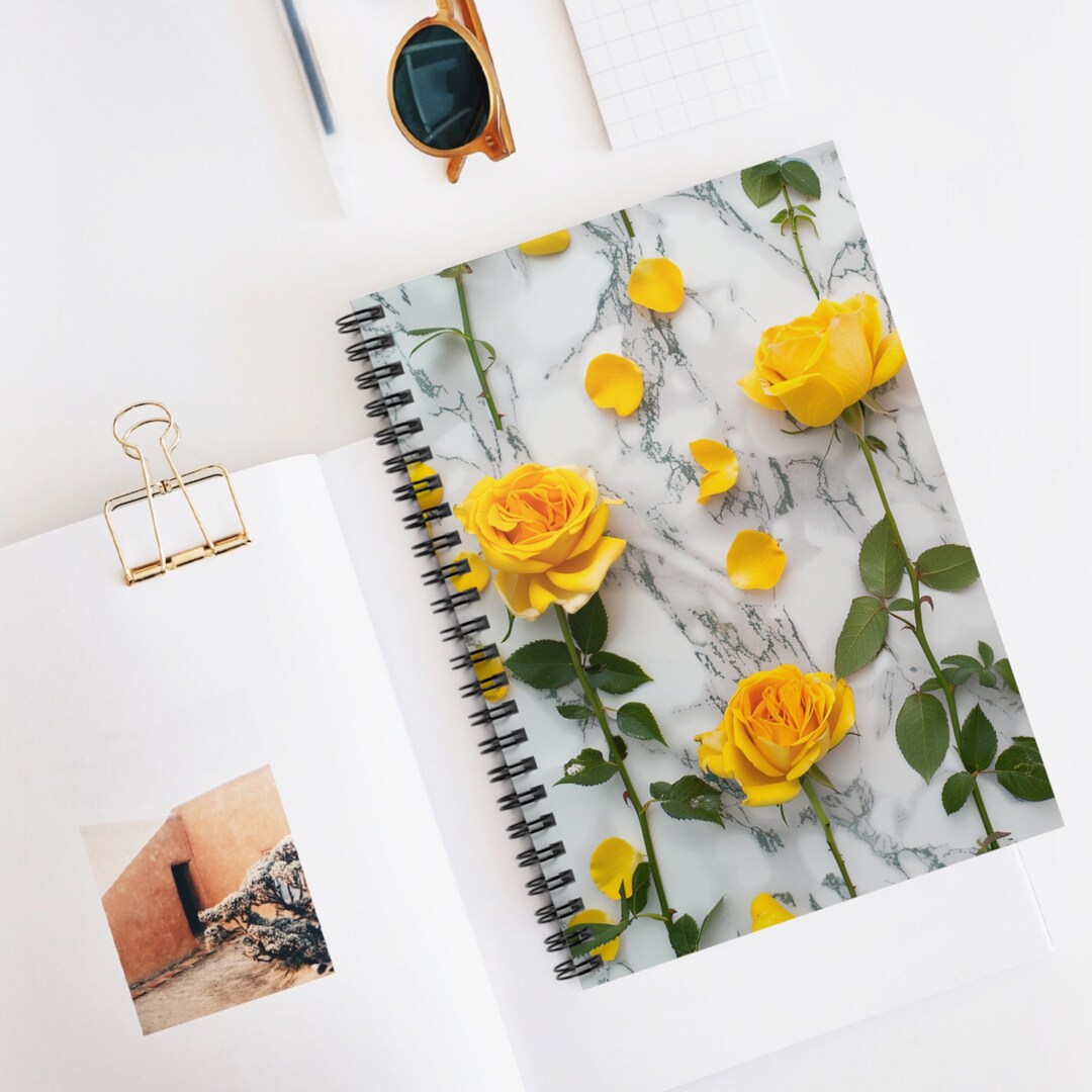 Spiral 6" X 8" Notebook - Beautiful Yellow Roses on White Marble Design ...