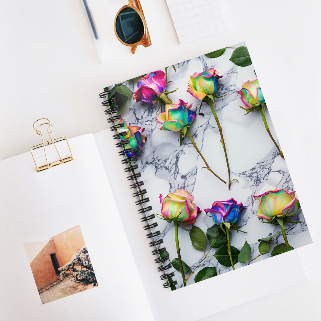 Spiral 6" X 8" Notebook - Rainbow Roses on a White Marble Background ...