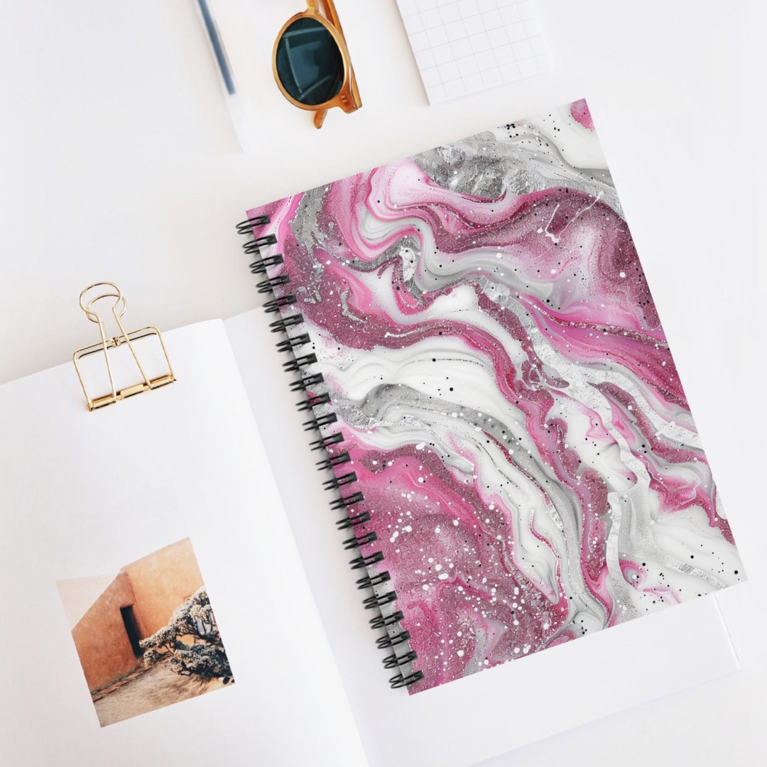 Spiral 6" X 8" Notebook - White Marble With Pink and Silver Glitter Swirl Design - Etsy