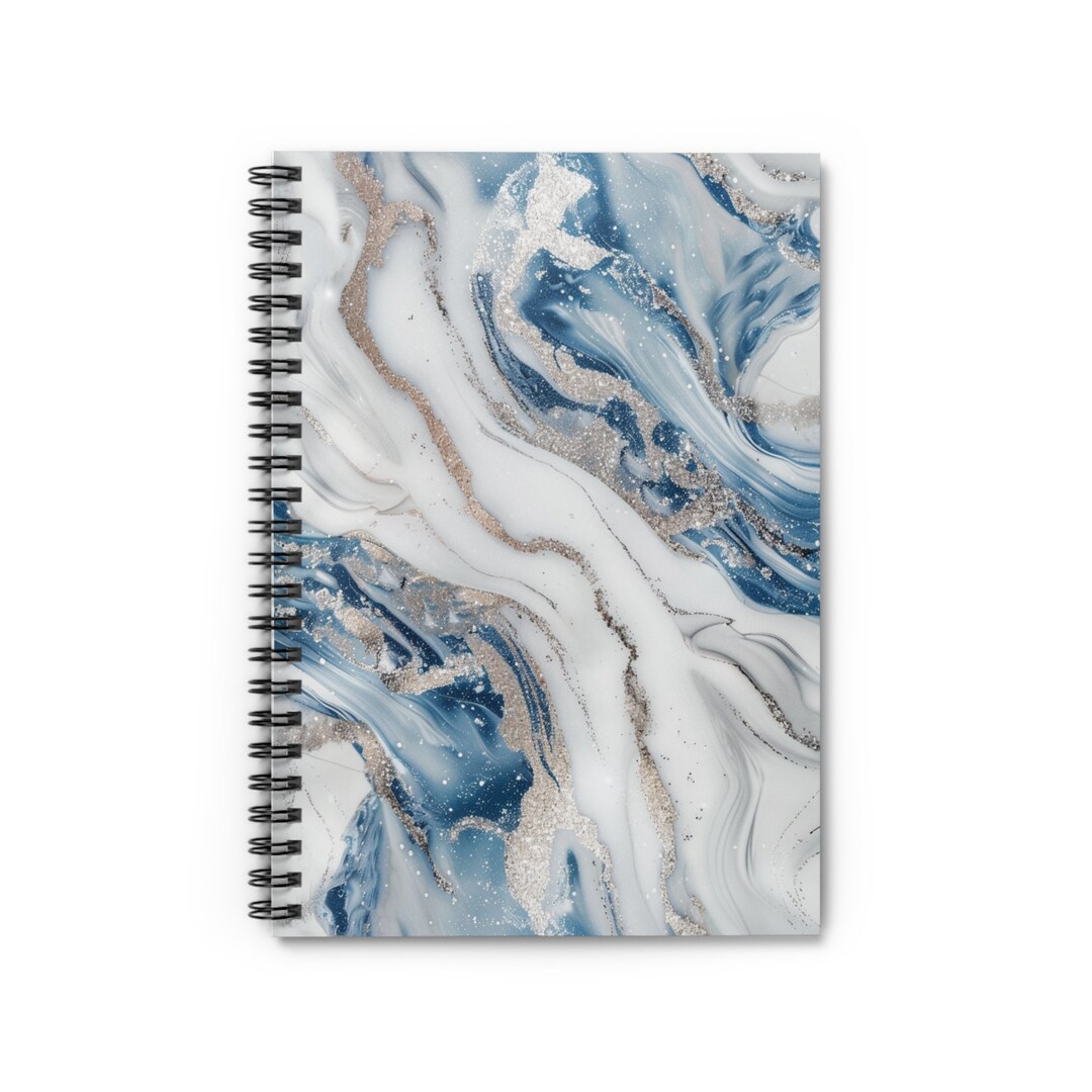Spiral 6" X 8" Notebook - White Marble With Blue, Gold and Silver ...