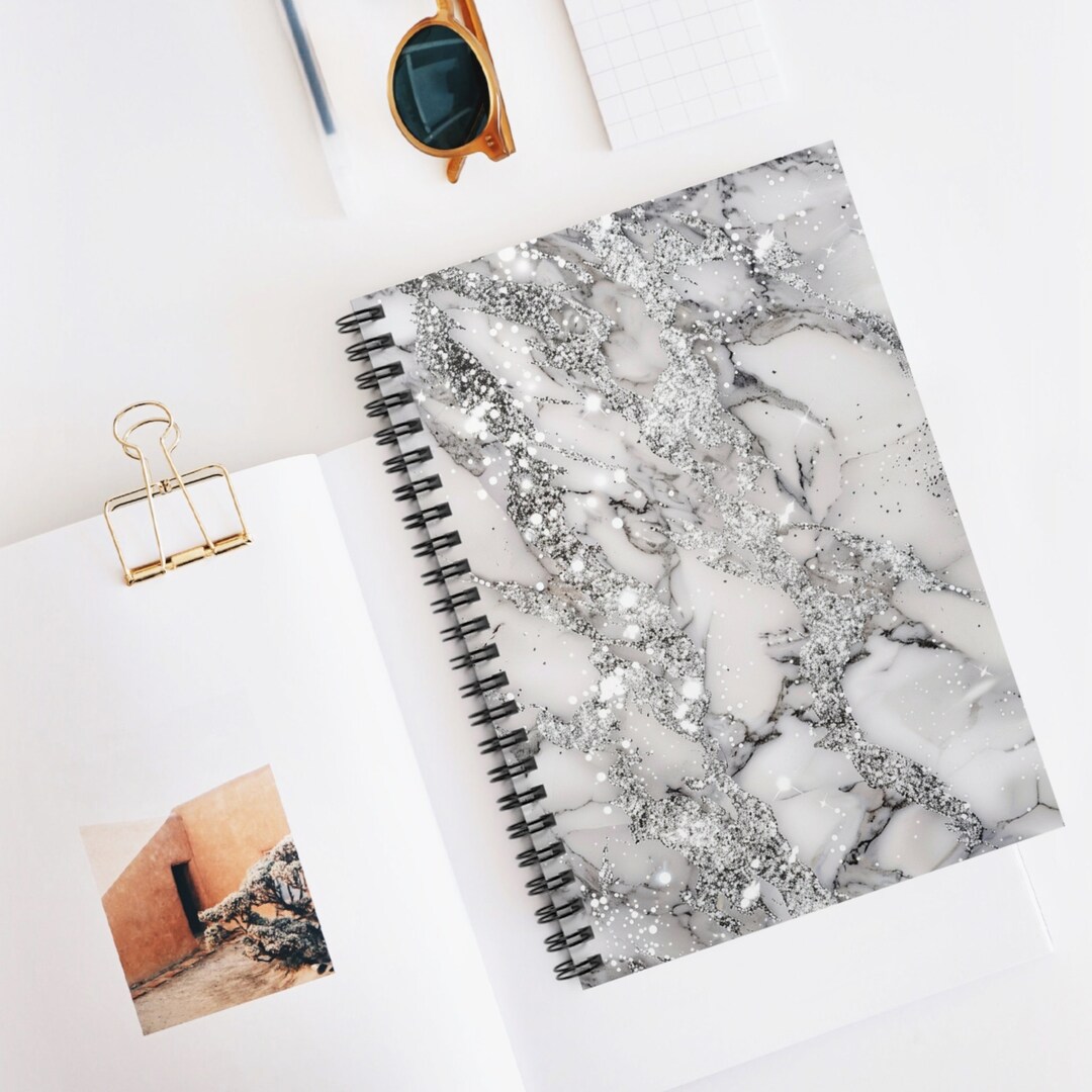 Spiral 6" X 8" Notebook - White Marble With Silver Glitter Design - Etsy