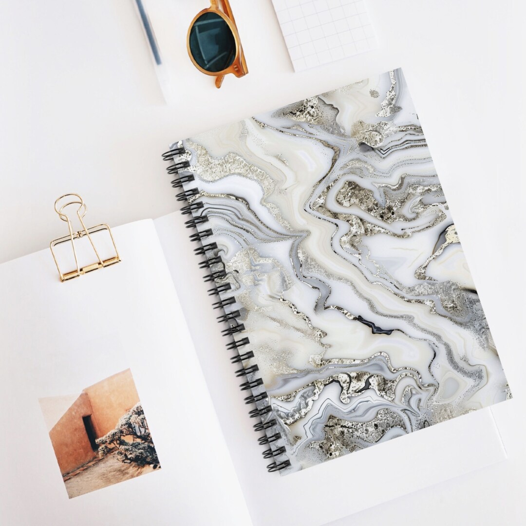 Spiral 6" X 8" Notebook - White and Tan Marble With Silver Glitter ...