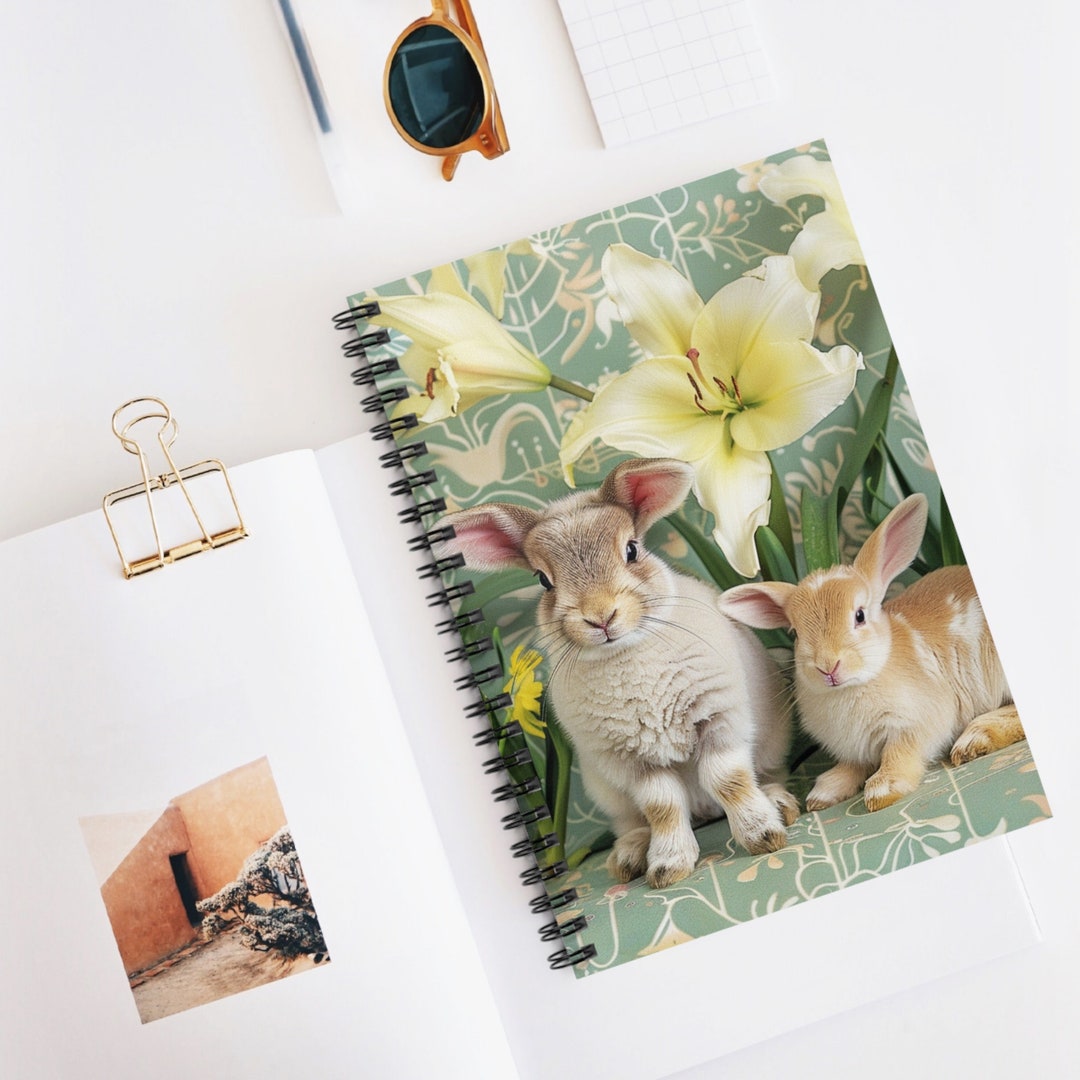 Bunnies Sitting on a Couch Notebook With Lily Flowers Design and Bunny ...