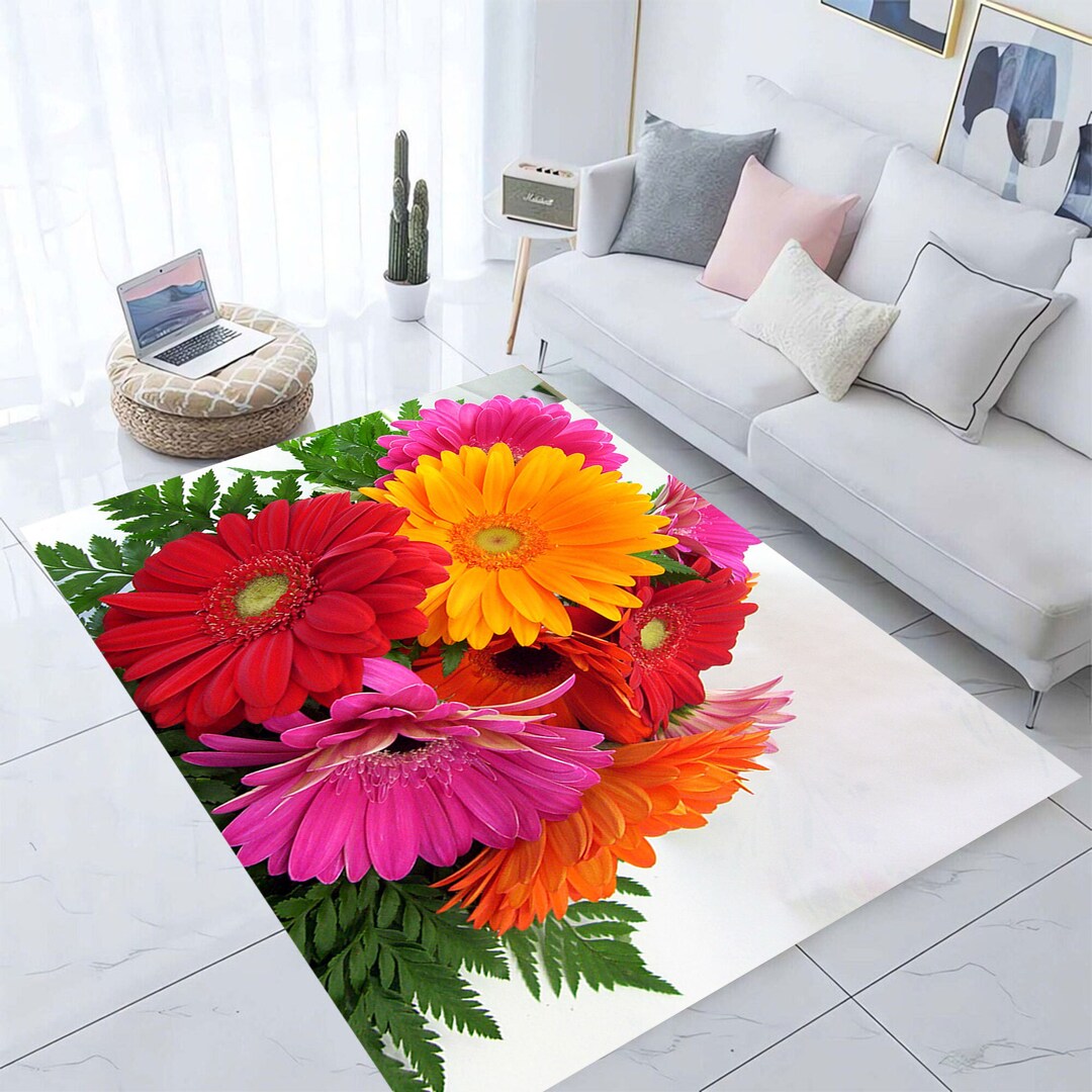 Orange Gerbera Flower Rug, Pattern Rugs, Floor Rug, Girl Room Rugs,cute ...