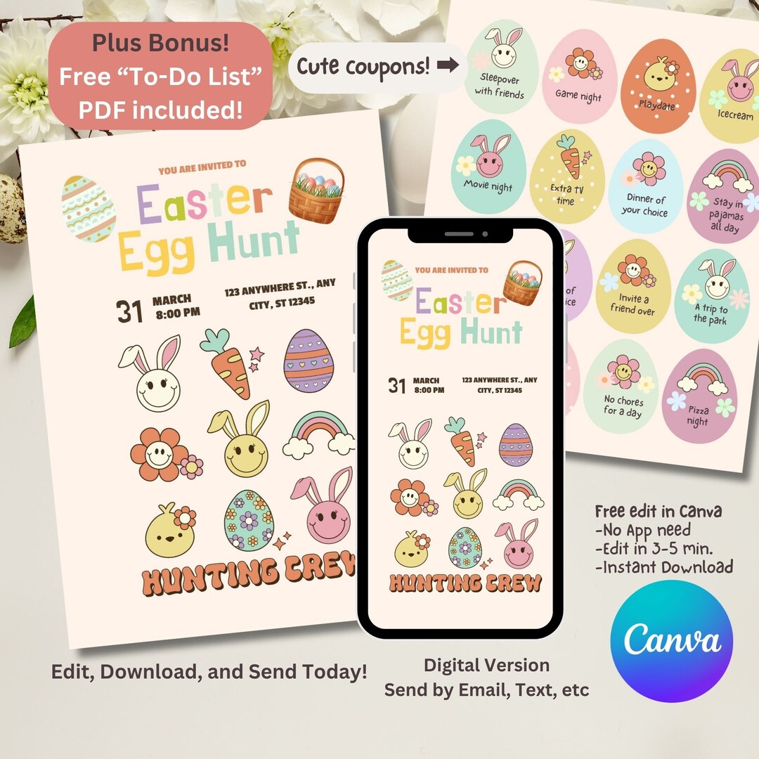 Vintage Easter Egg Hunt Bundle Printable Retro Bunny Invite Coupon To ...