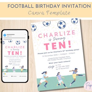 Pink Glitter Football Birthday Party Invitation | Soccer Ball Sports ...