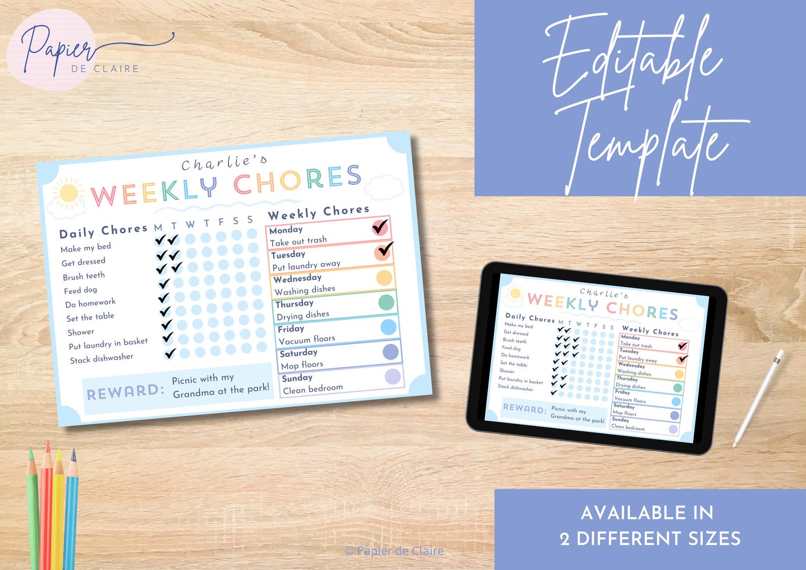 Kids Weekly Chore Chart Editable | Printable Template PDF| Daily ...