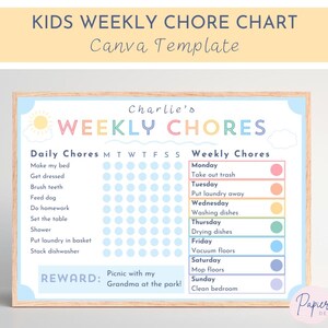 Kids Weekly Chore Chart Editable | Printable Template PDF| Daily ...