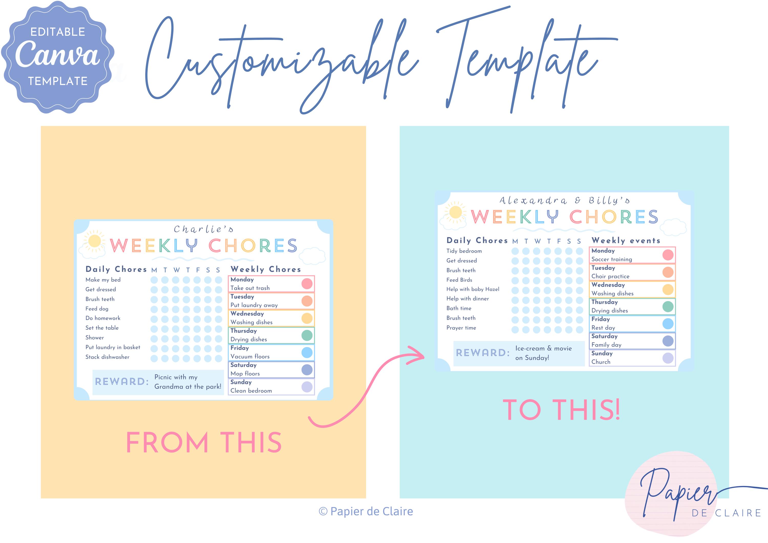 Kids Weekly Chore Chart Editable | Printable Template PDF| Daily ...