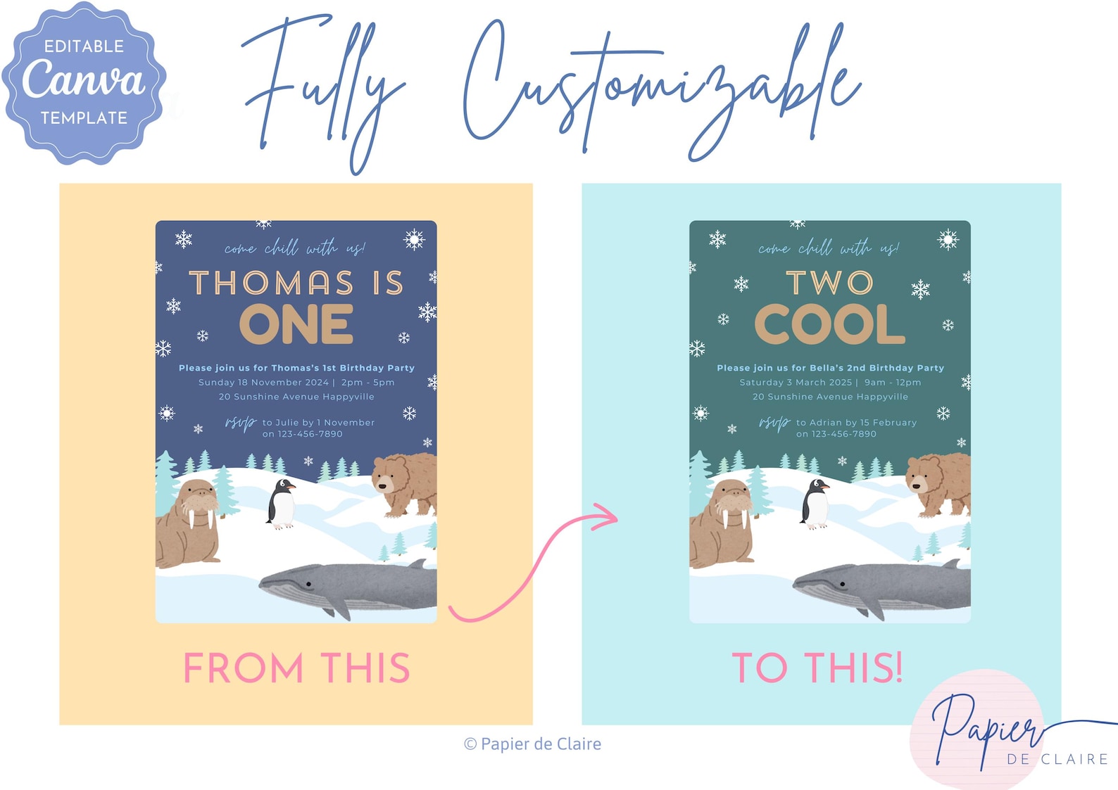 Kids Arctic Animals Birthday Party Invitation | Canva Editable Template ...