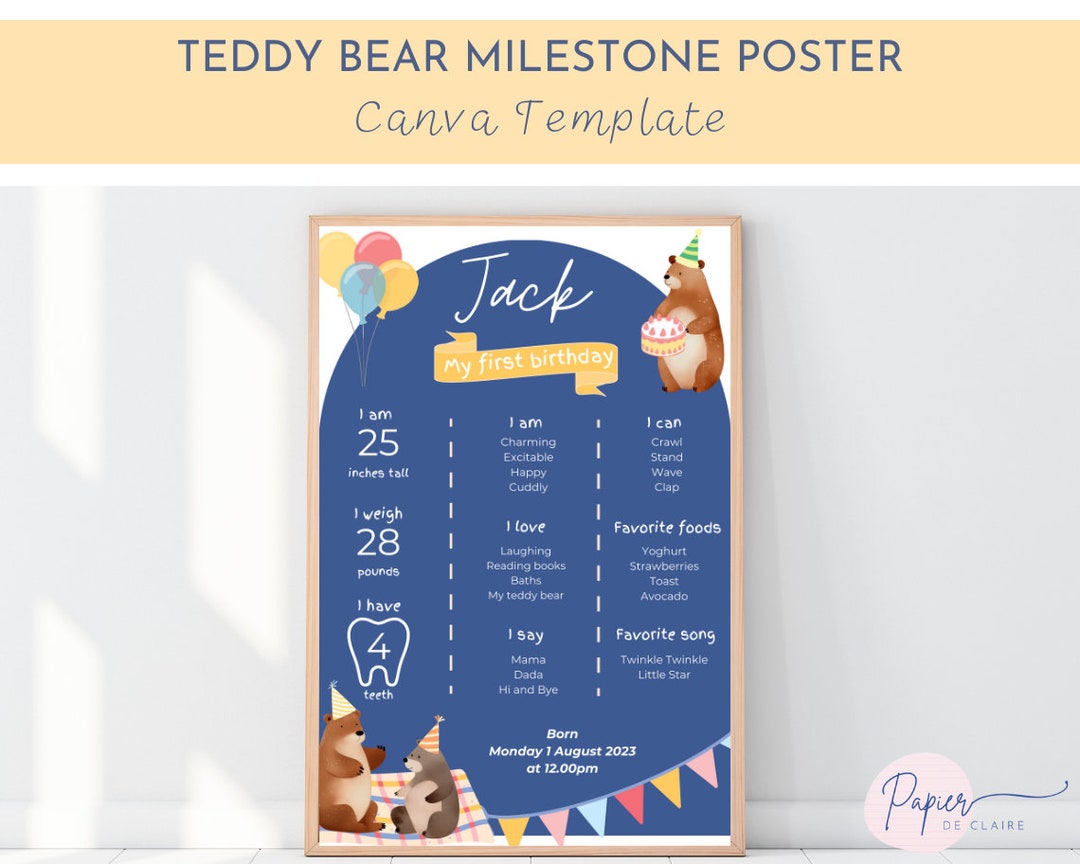 Kids Editable Teddy Bear Milestone Poster Birthday Sign Template ...