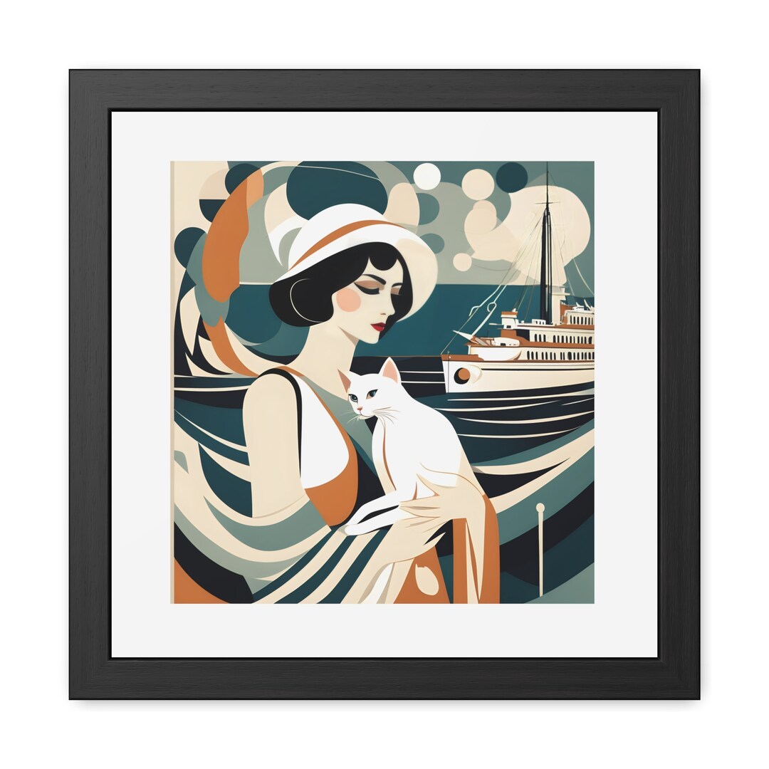 1920s Art Deco Lady and Cat Watch Boats Art Print Framed Poster - Etsy