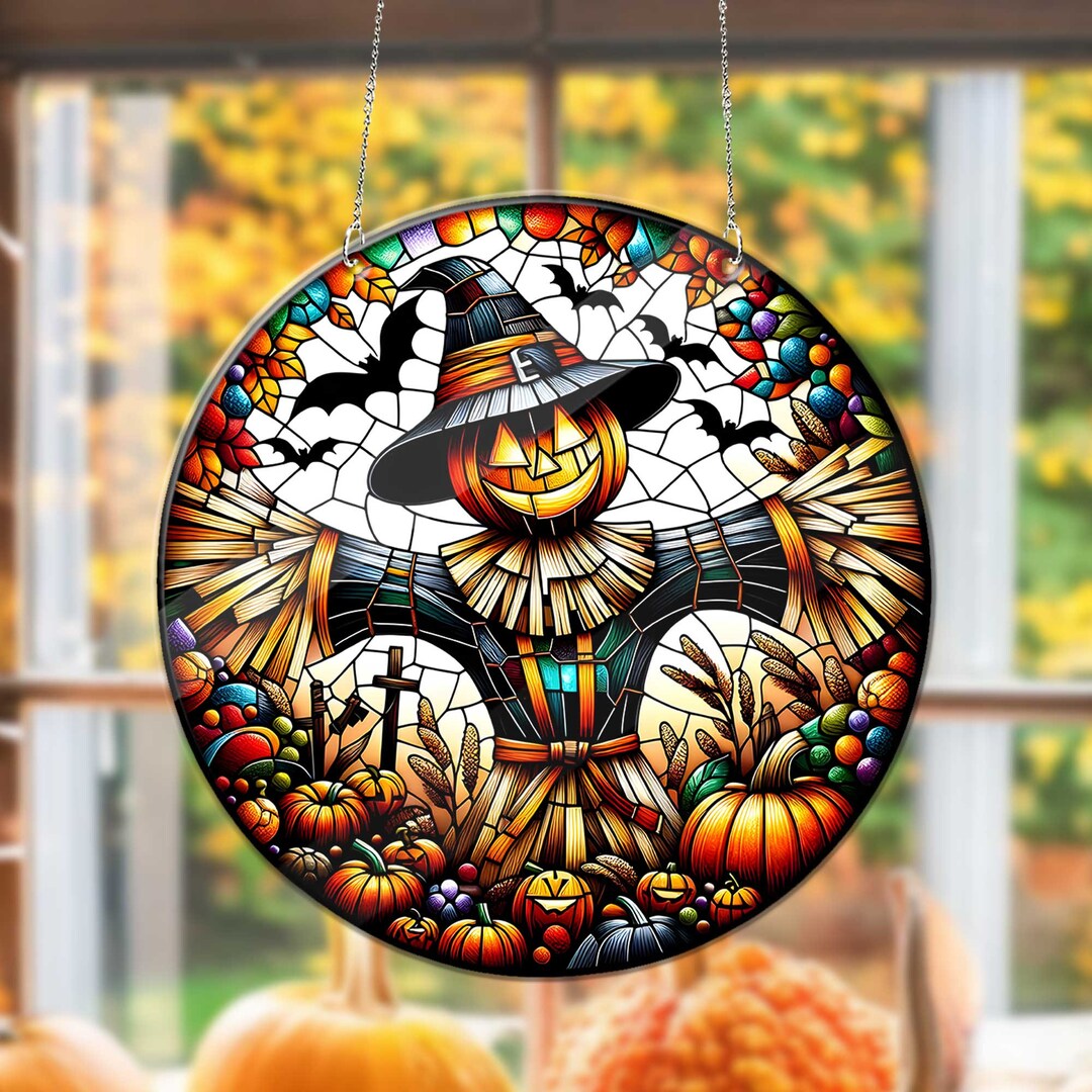 Halloween Scarecrow Straw ACRYLIC Window Hanging Ornament, Stained ...