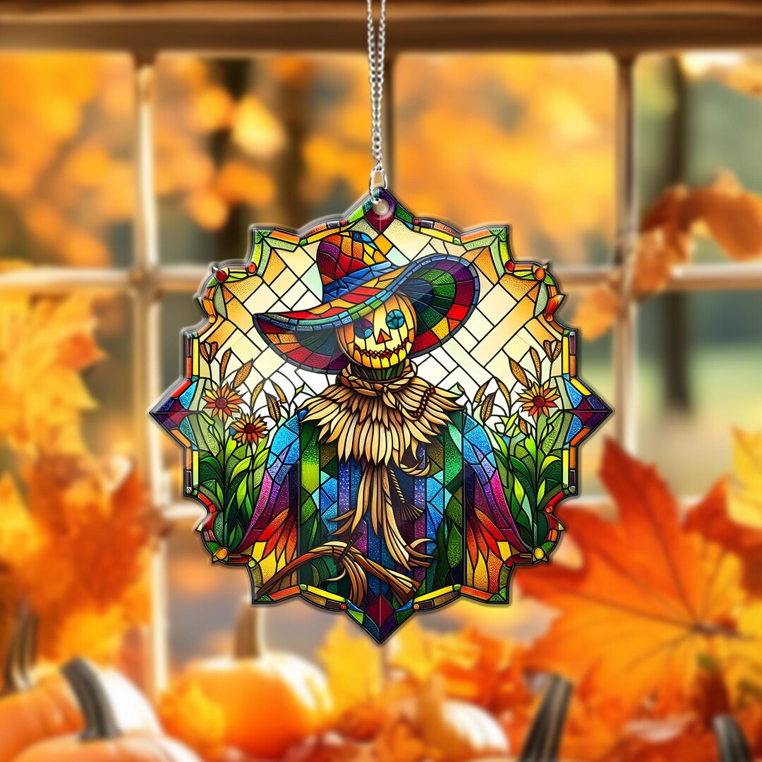 Halloween Scarecrow Straw ACRYLIC Window Hanging Ornament, Stained ...