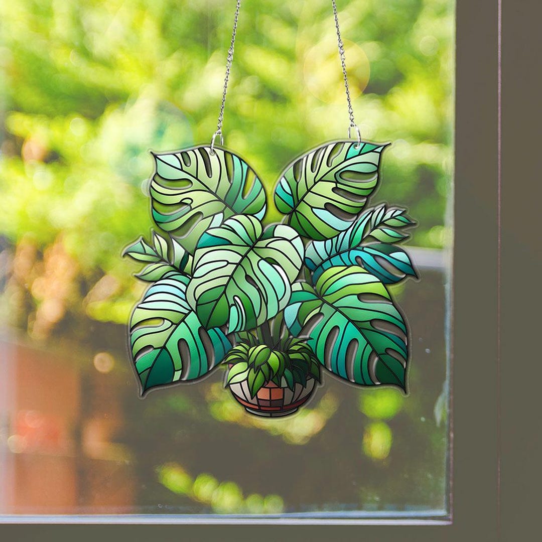 Monstera Plant ACRYLIC Window Hanging Ornament Decor, Stained Glass ...