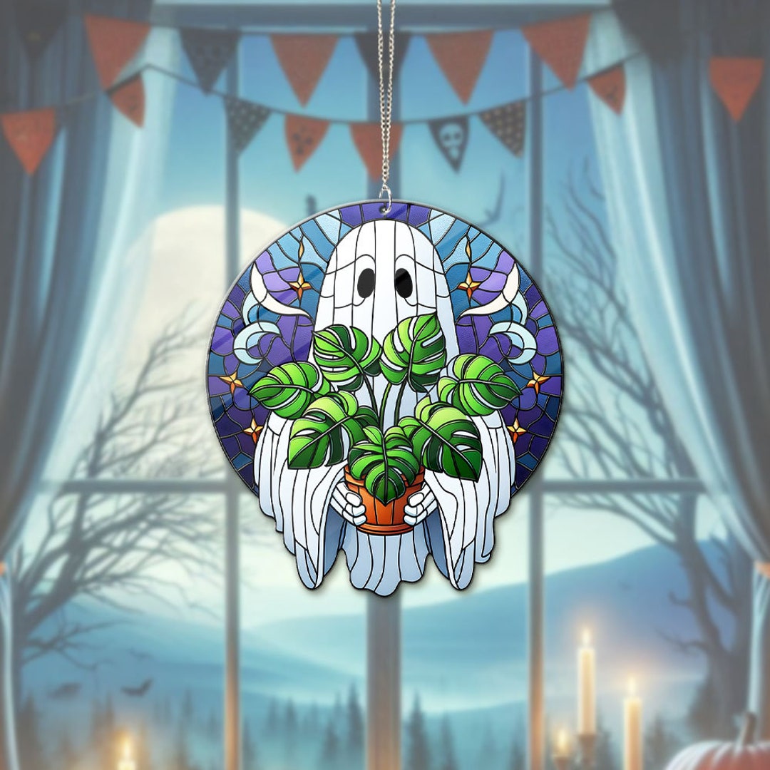 Ghost Holding Monstera ACRYLIC Window Hanging Ornament Decor, ACRYLIC ...