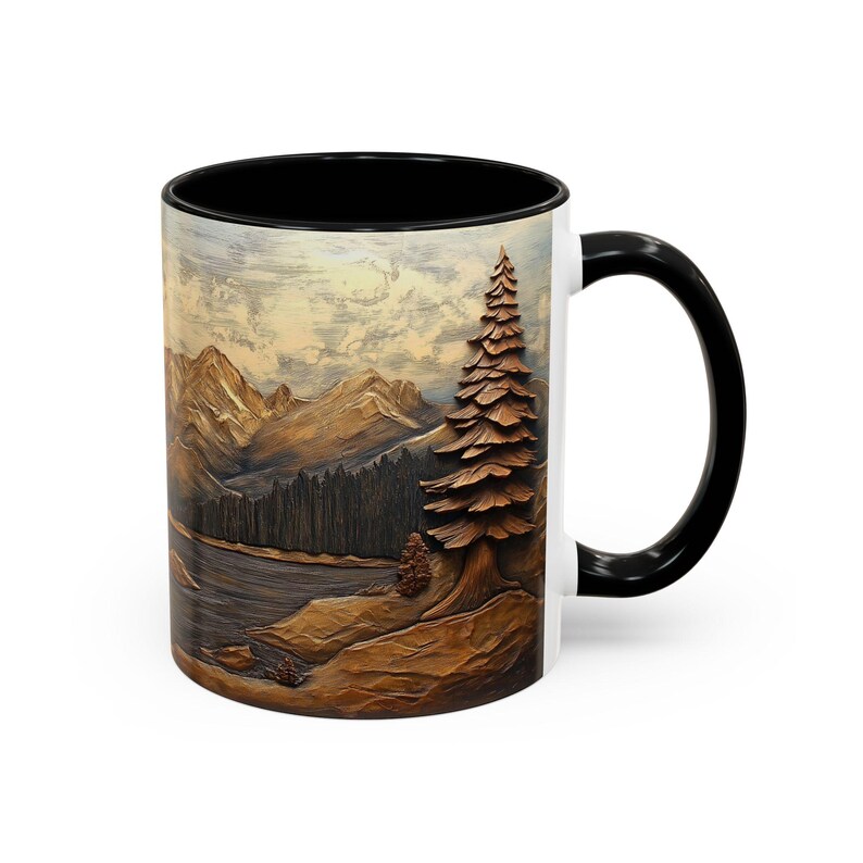 Trees and Mountain Range Mug, PRINTED WOOD STYLE, Carved Wood Style Mug ...
