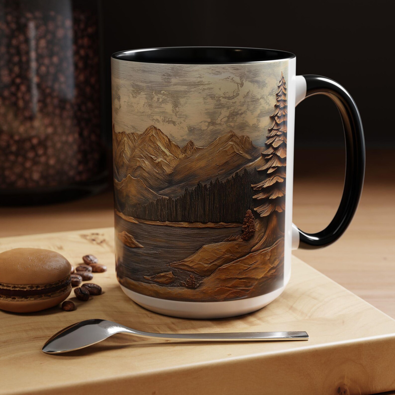 Trees and Mountain Range Mug, PRINTED WOOD STYLE, Carved Wood Style Mug ...