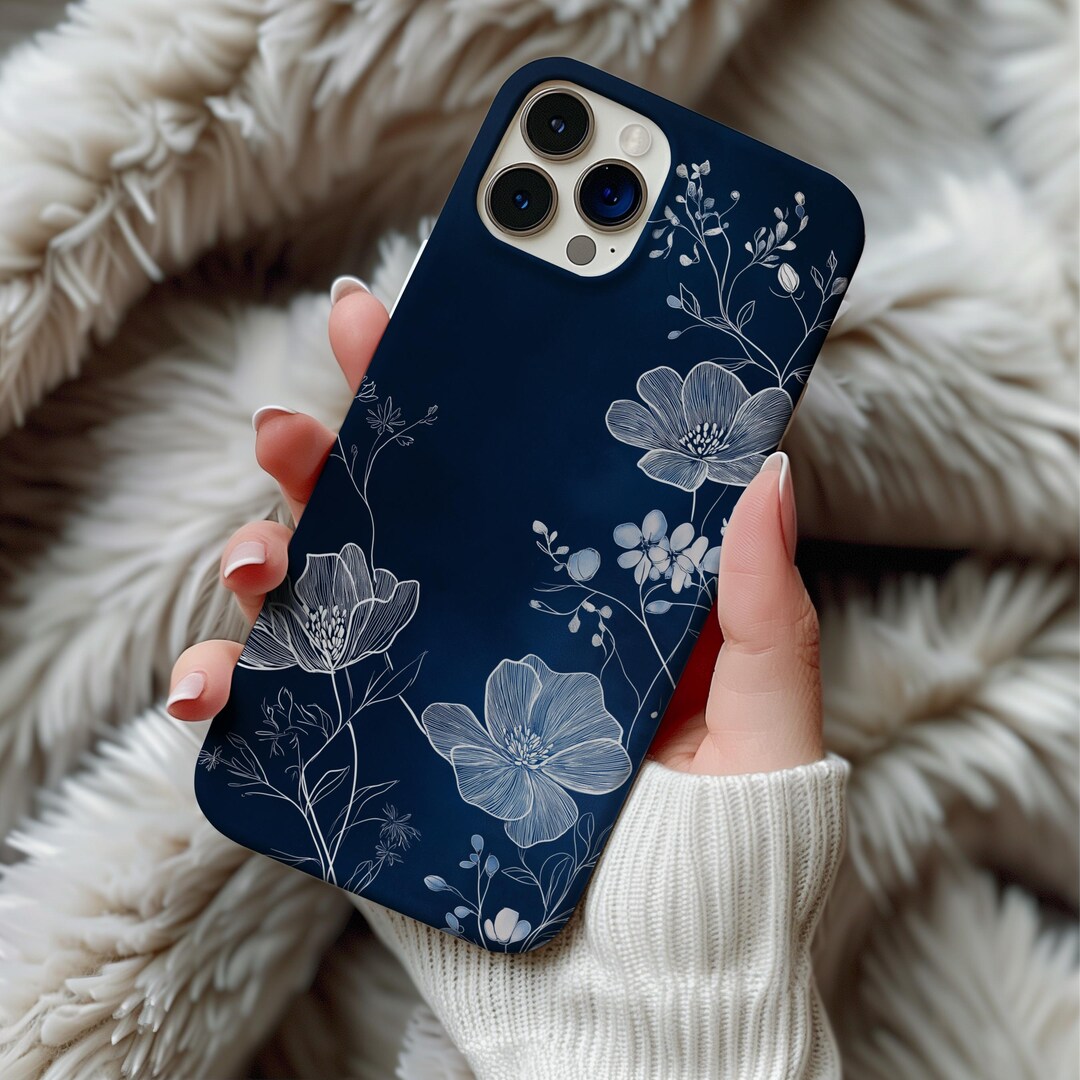 Navy Blue Floral Phone Case, Elegant Flower iPhone Cover 12 13 14 15 16 ...
