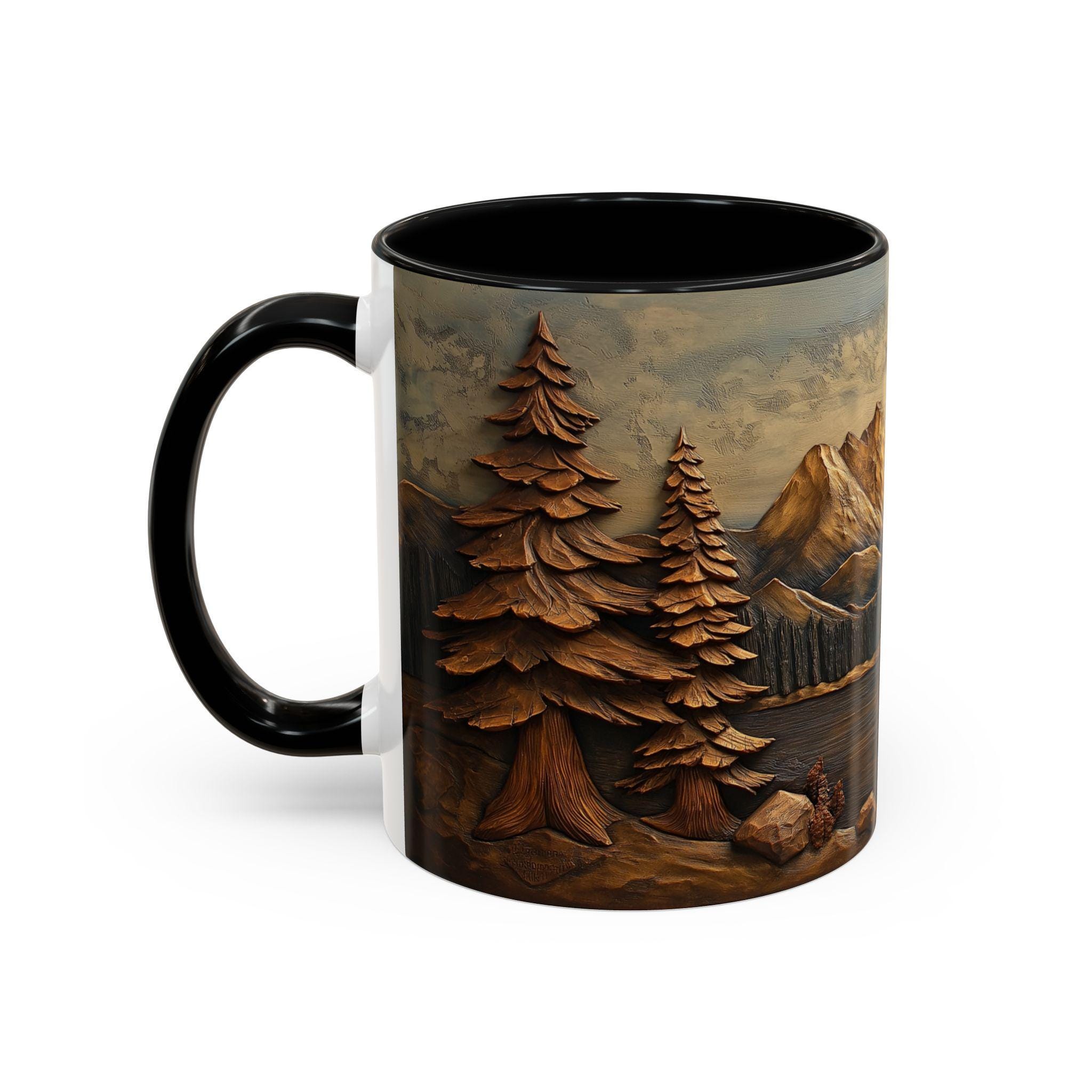 Trees and Mountain Range Mug, PRINTED WOOD STYLE, Carved Wood Style Mug ...