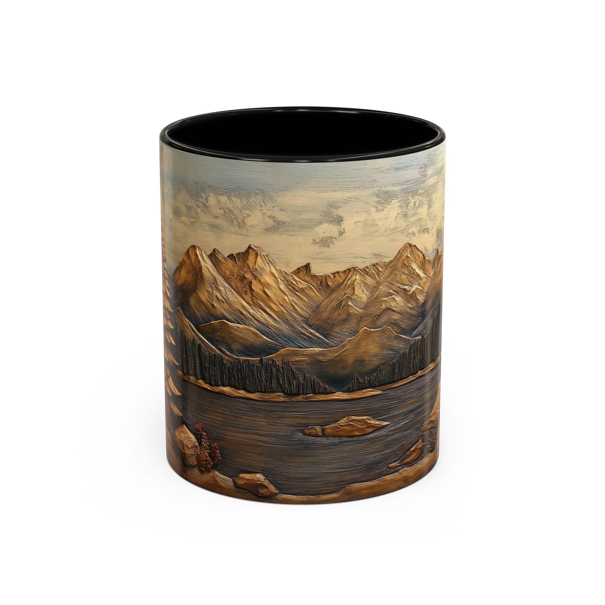 Trees and Mountain Range Mug, PRINTED WOOD STYLE, Carved Wood Style Mug ...