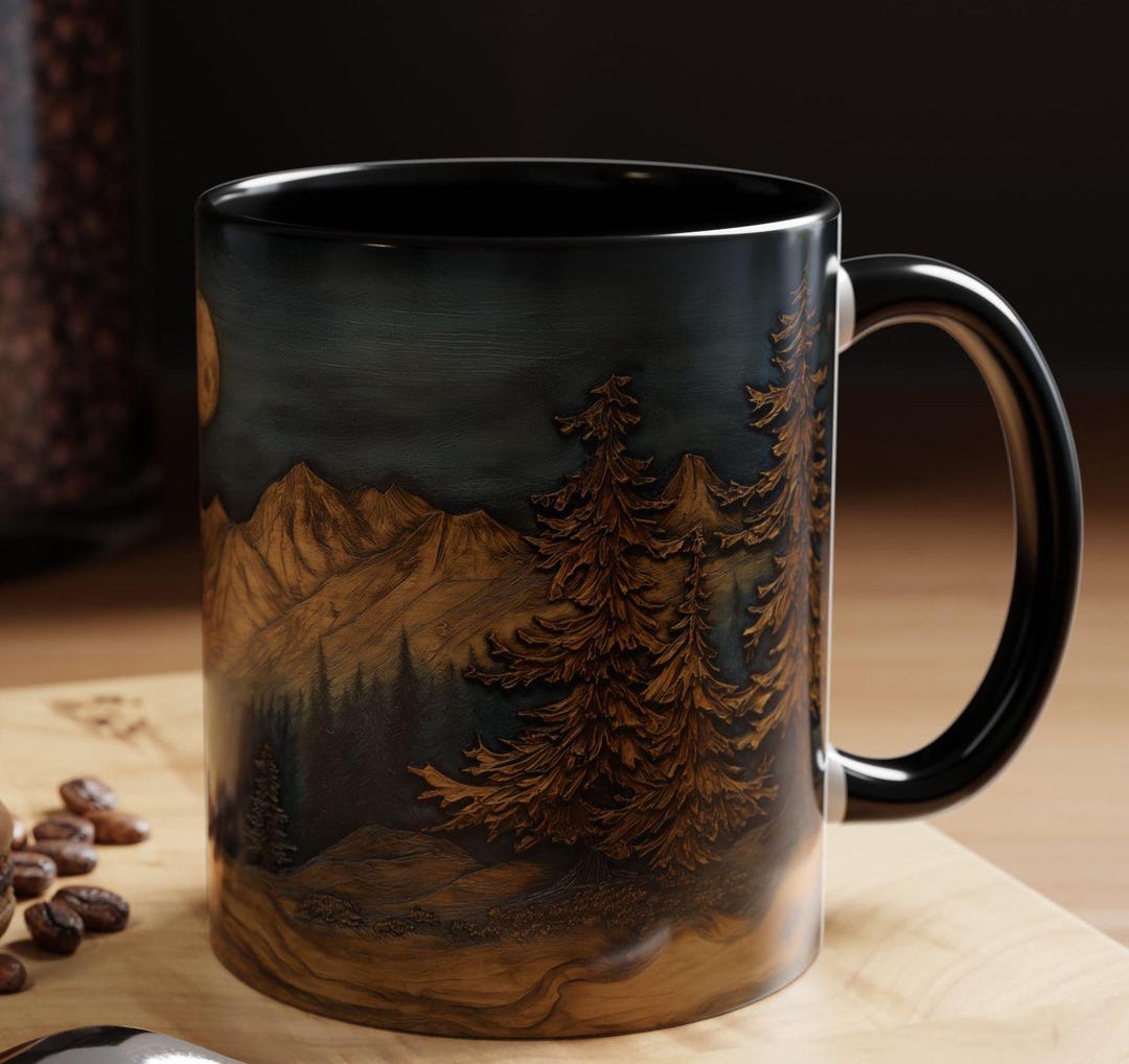Trees and Mountain Range Mug, PRINTED WOOD STYLE, Carved Wood Style Mug ...