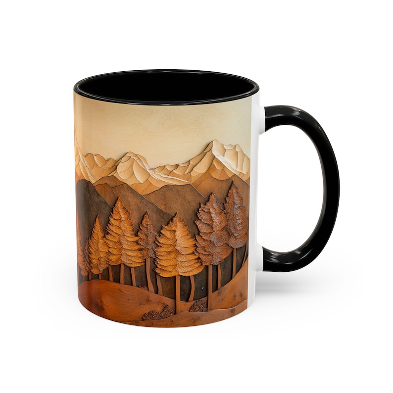 Trees and Mountain Range Mug, PRINTED WOOD STYLE, Carved Wood Style Mug ...