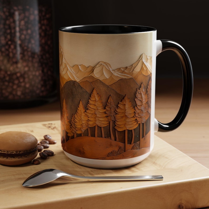 Trees and Mountain Range Mug, PRINTED WOOD STYLE, Carved Wood Style Mug ...