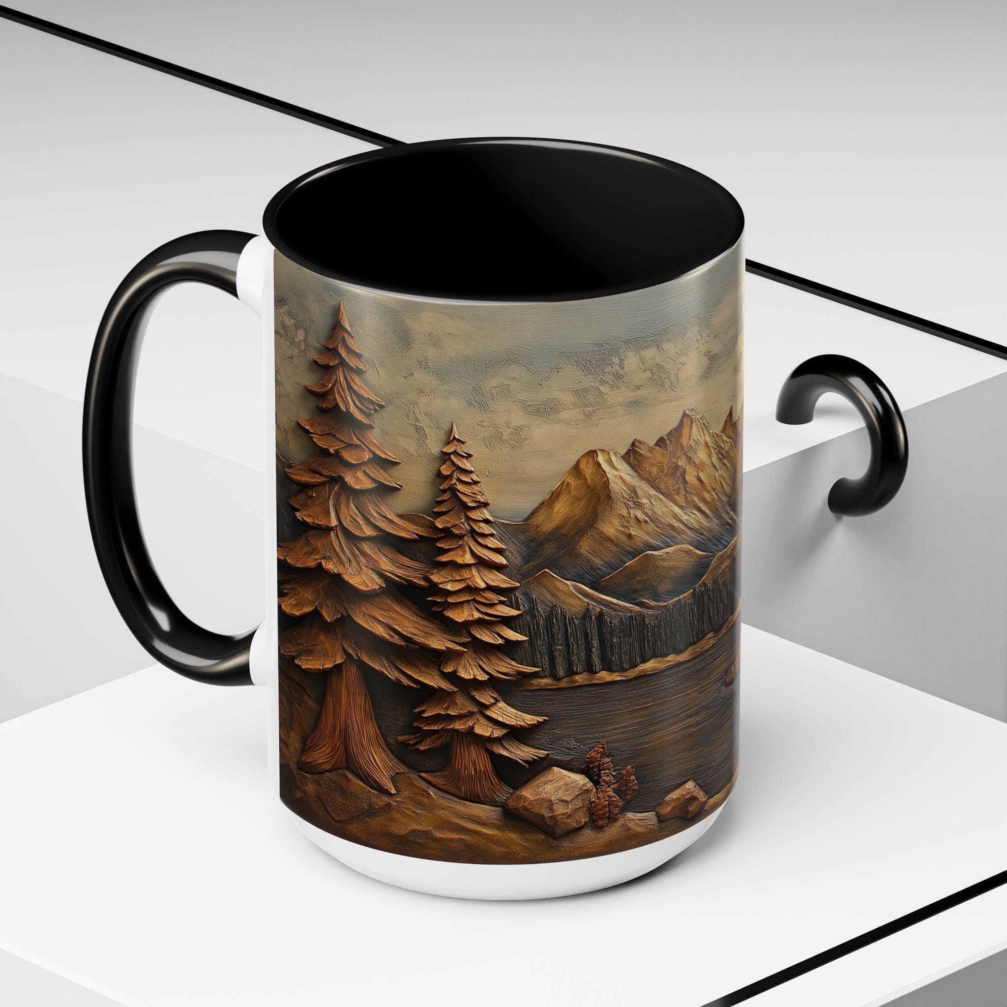 Trees and Mountain Range Mug, PRINTED WOOD STYLE, Carved Wood Style Mug ...